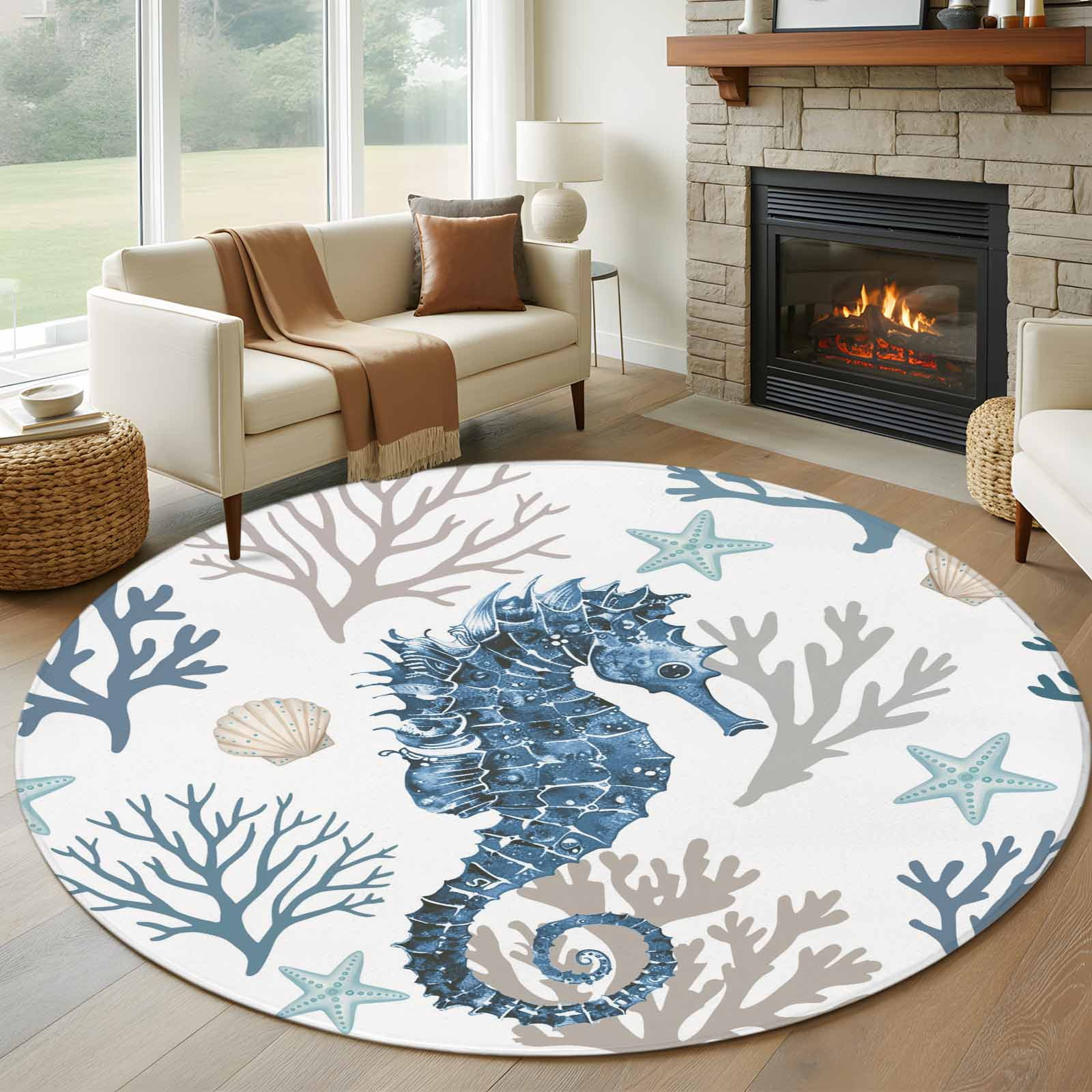 Coastal Seahorse Round Rugs for Living Room 5ft Blue Gray Shell Coral ...