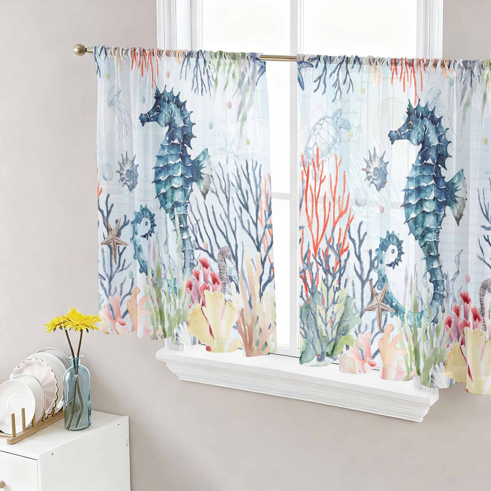 Coastal Seahorse Semi Sheer Curtains 45 Inch Length 2 Panels Set ...