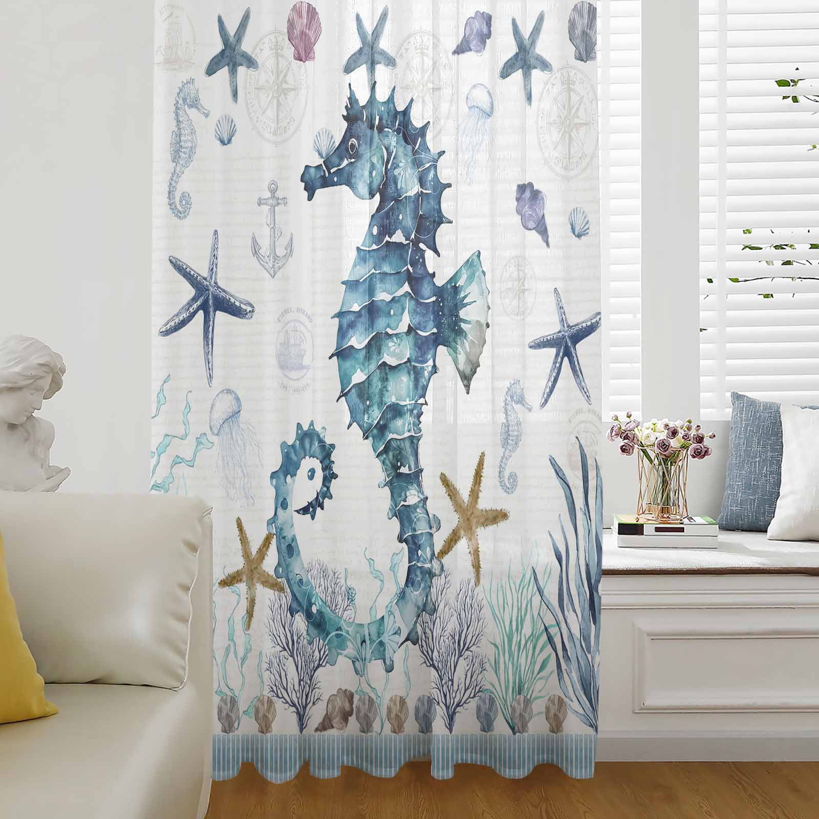 Coastal Seahorse Semi Sheer Curtains Drapes for Living Room,Bedroom ...