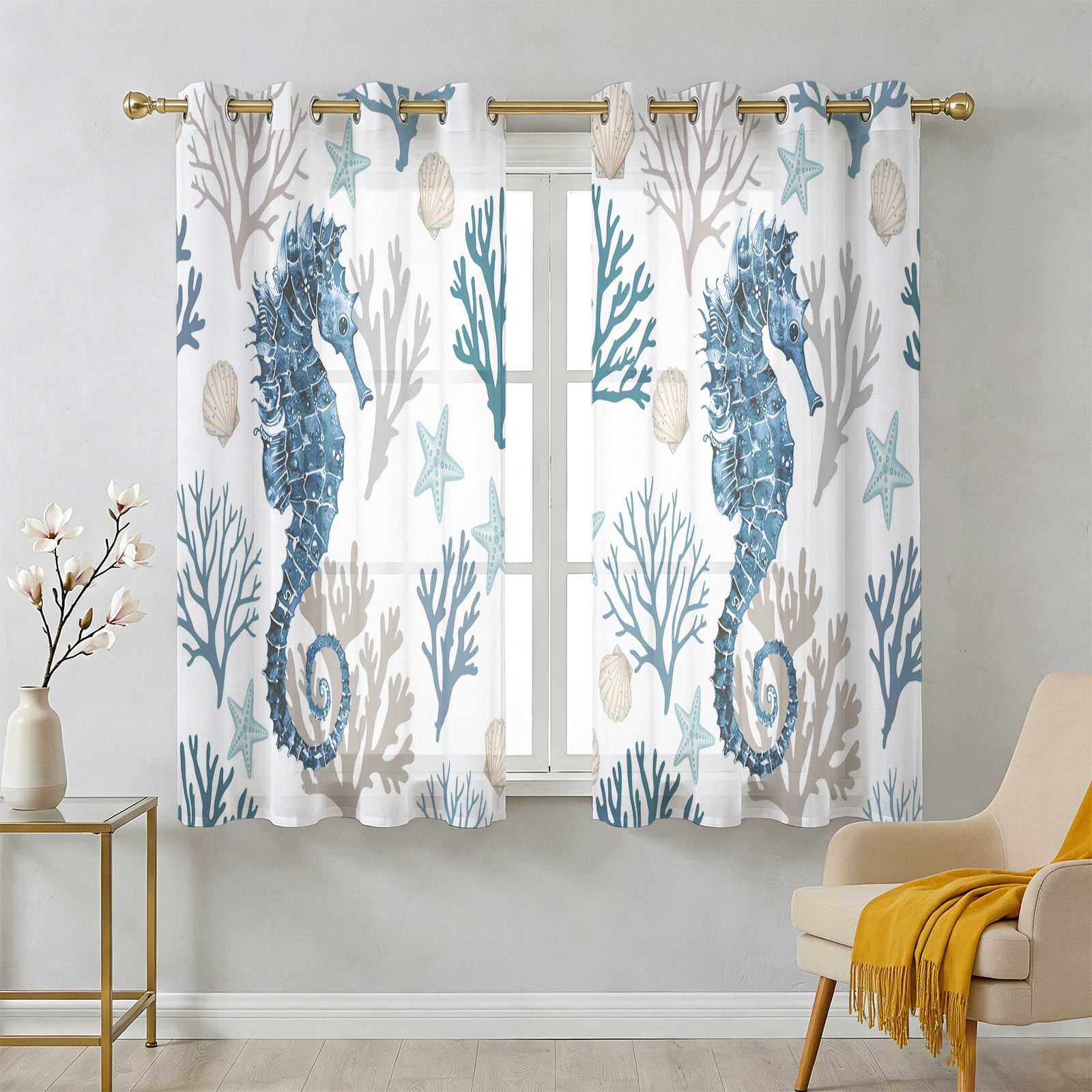 Coastal Seahorse Sheer Curtains 45 Inch Long 2 Panels, Blue Gray Shell ...