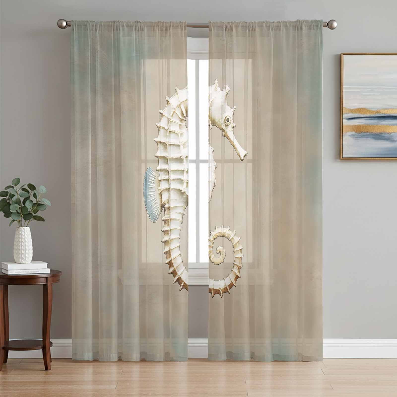 Coastal Seahorse Sheer Curtains 84 Inch Length 2 Panels Set, Vintage ...