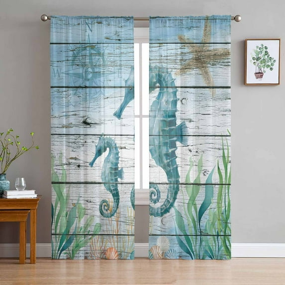 Coastal Seahorse Sheer Curtains 84 Inches Long 2 Panels Set, Window ...