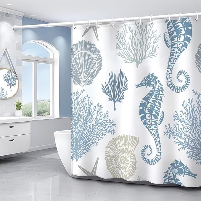 Coastal Seahorse Shower Curtain Starfish Seashell Coral Beach Ocean ...