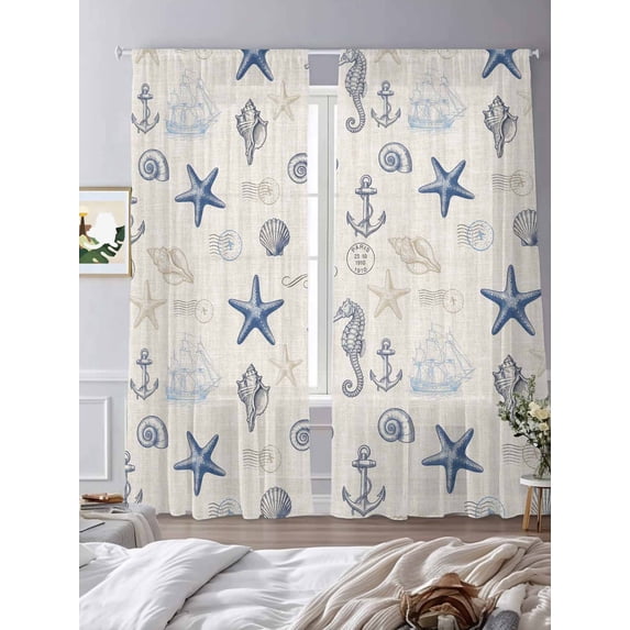 Coastal Seahorse Starfish Shell Conch Sheer Curtains 2 Panels Set ...