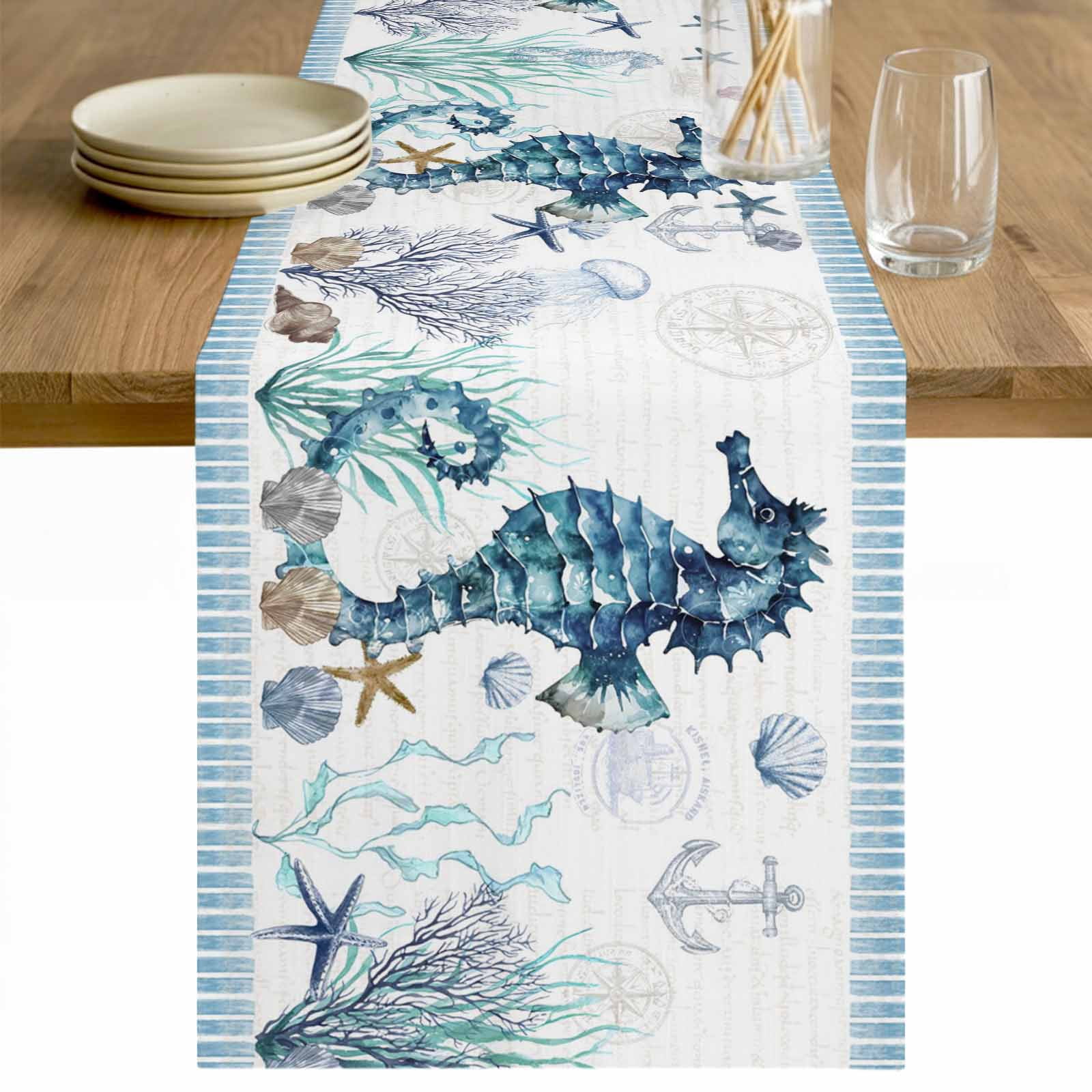 Coastal Seahorse Table Runner 108 Inches Long Farmhouse Dress Scarves ...
