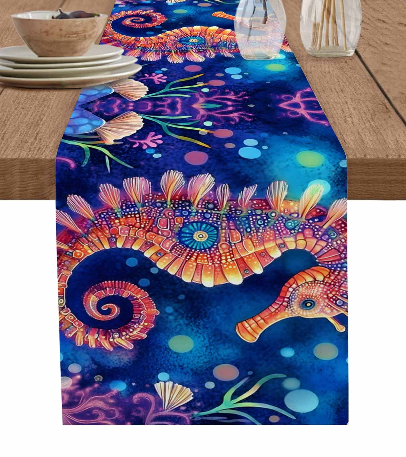 Coastal Seahorse Table Runner Cotton Linen 108 Inch Holiday Dresser ...