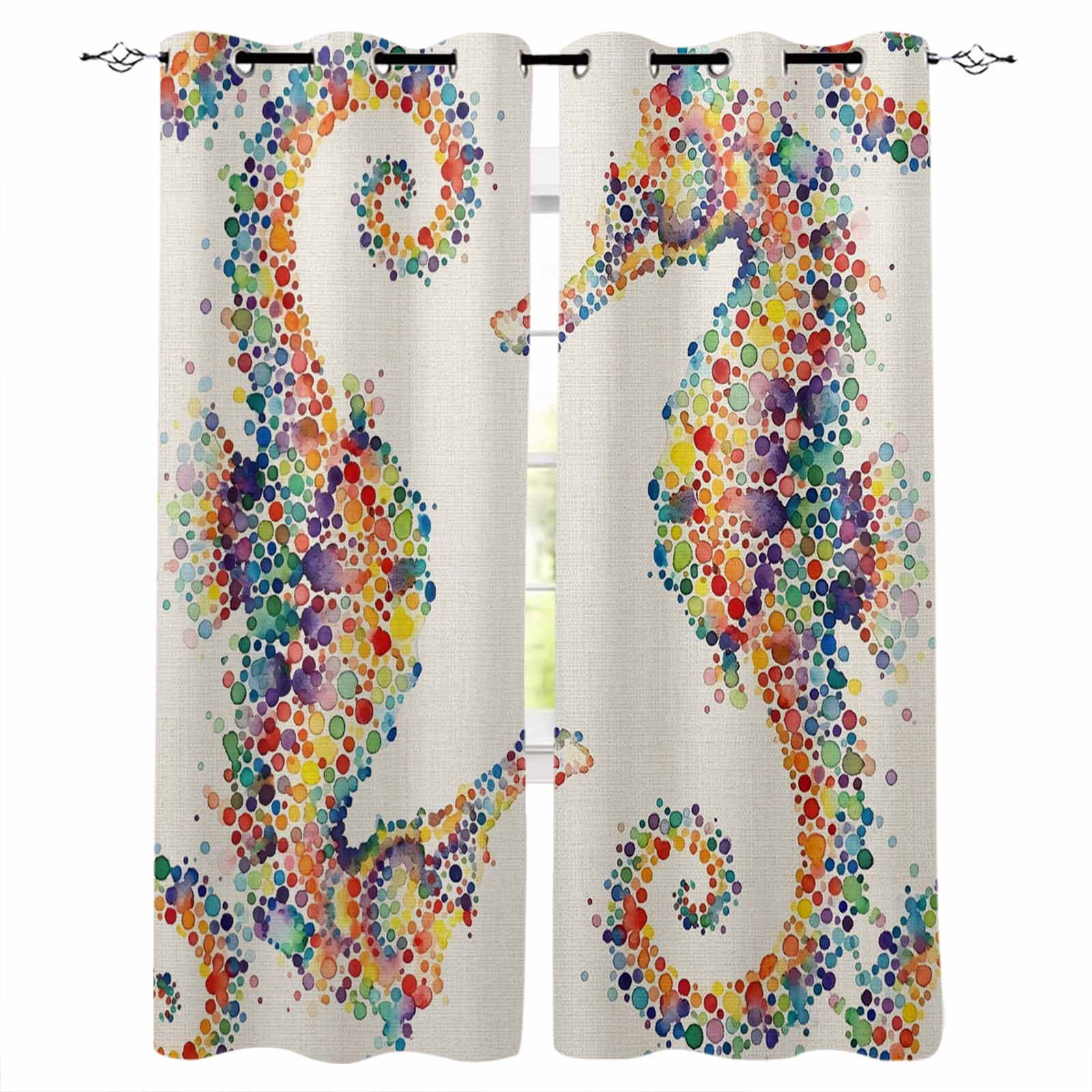 Coastal Seahorses Kitchen Curtains Colorful Polka Dot Ocean Cafe Short ...
