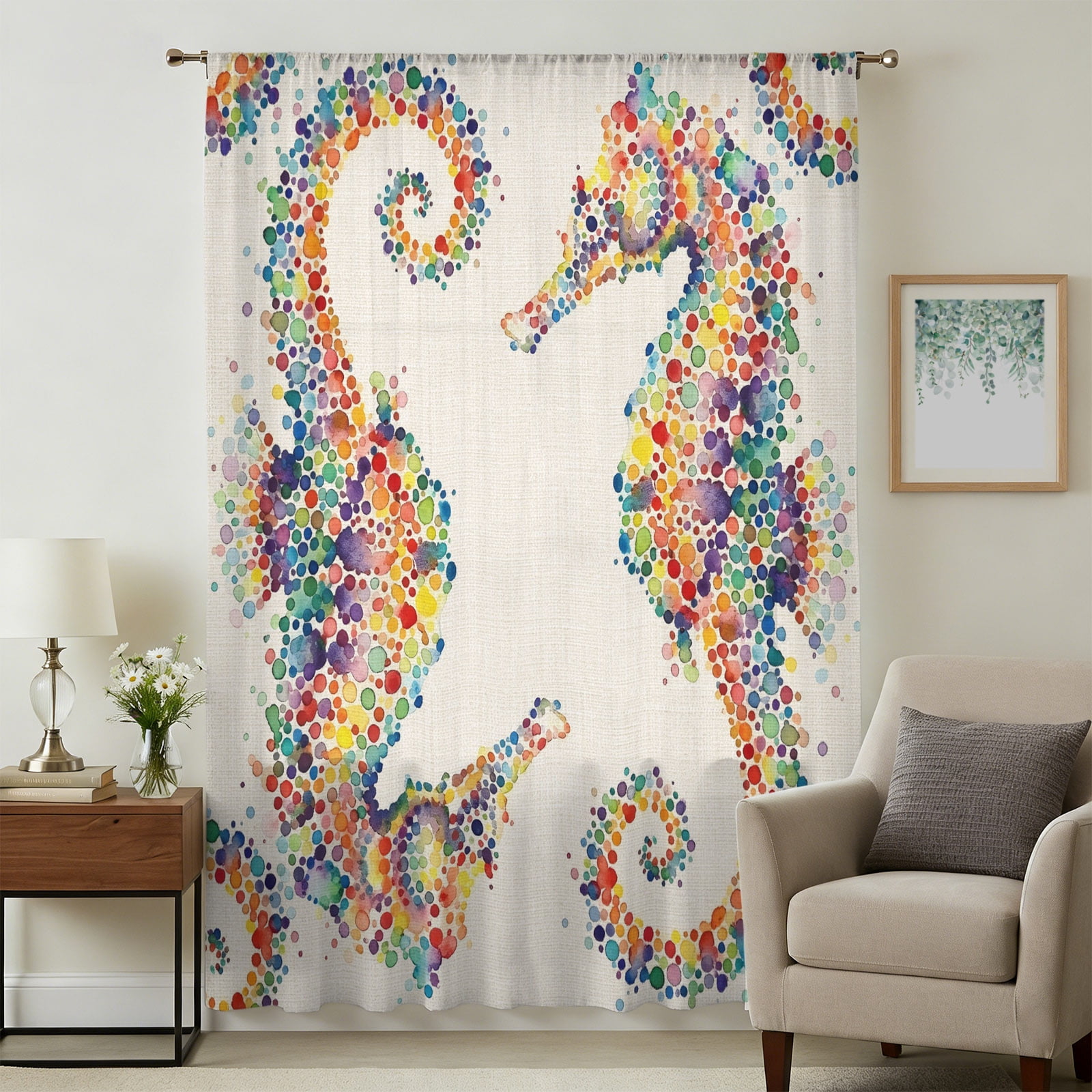 Coastal Seahorses Sheer Curtains 54 Inches Long for Bedroom, Colorful ...