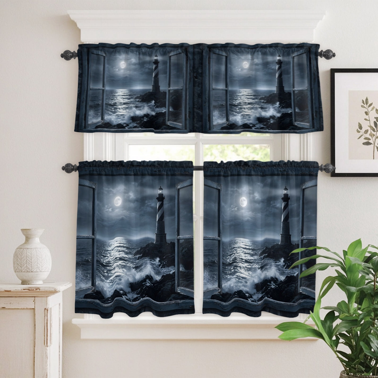 Coastal Seascape Crashing Waves Lighthouse Curtain Tier and Valance Set ...