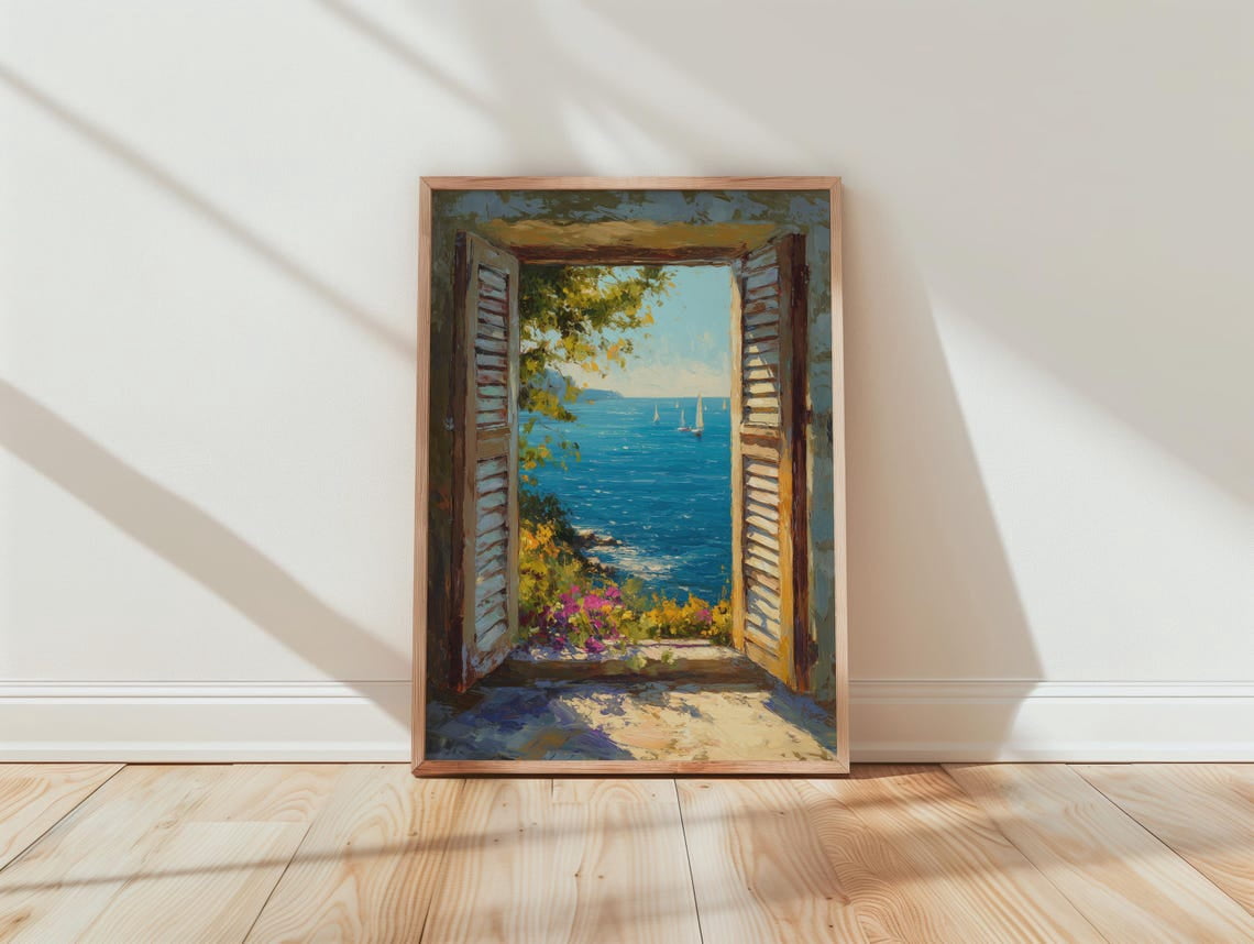 Coastal Seascape Window View Floral Wall Art Poster Unframed Paper ...