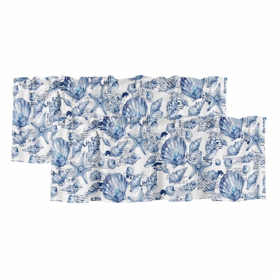Coastal Seashell 2 Panels Kitchen Valance, Summer Nautical Blue Shell ...