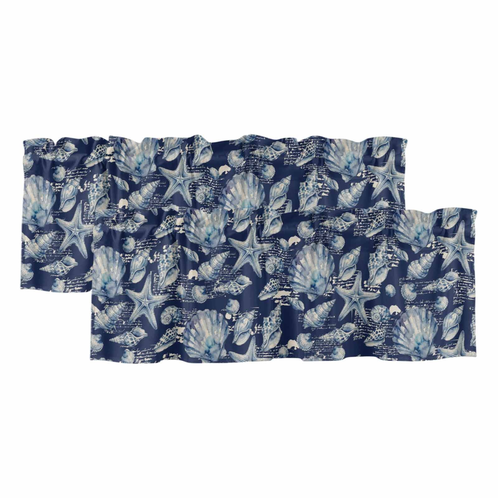 Coastal Seashell 2 Panels Kitchen Valance, Summer Nautical Navy Blue ...
