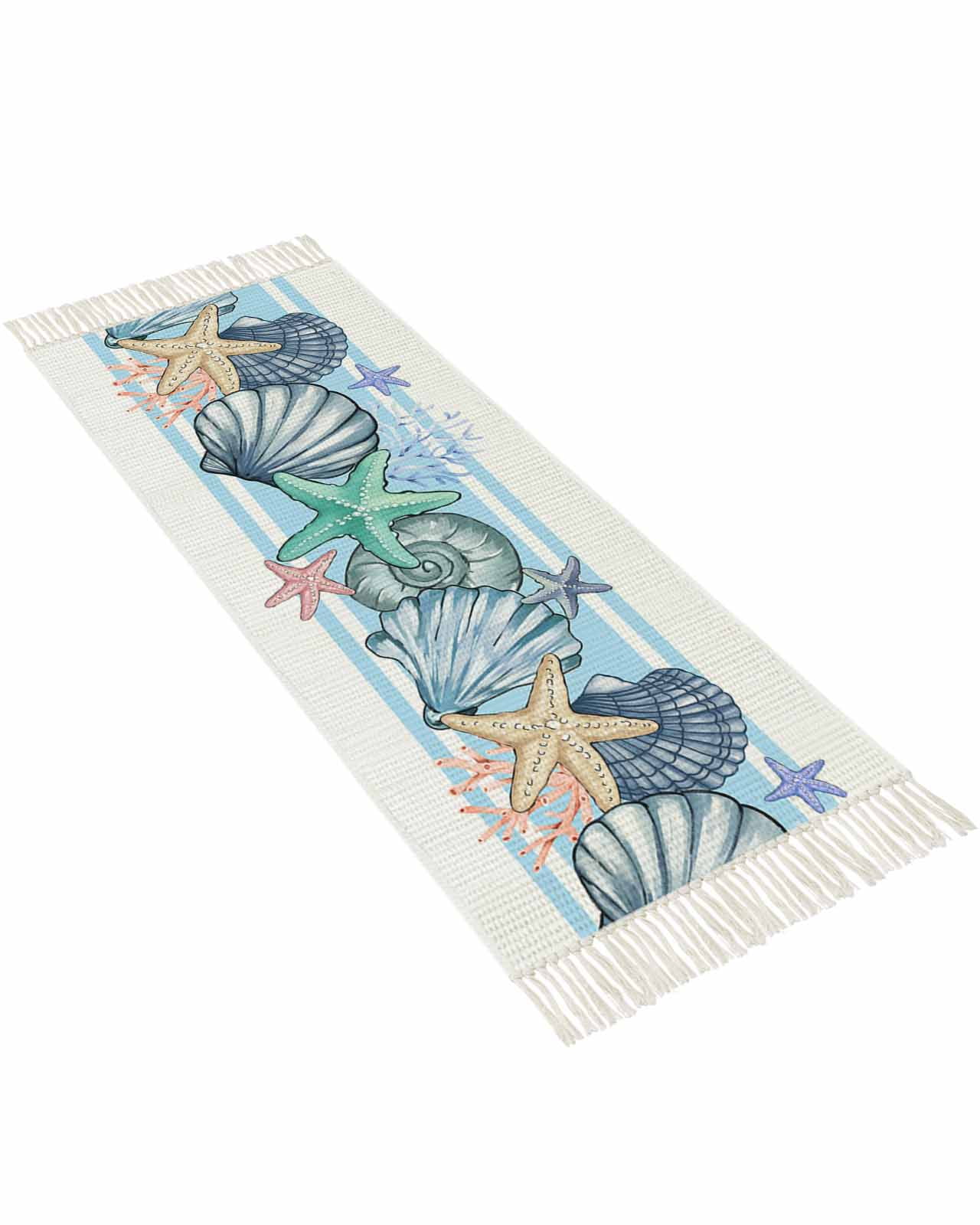 Coastal Seashell Kitchen Runner Rug 2'x4', Washable Woven Cotton Area ...