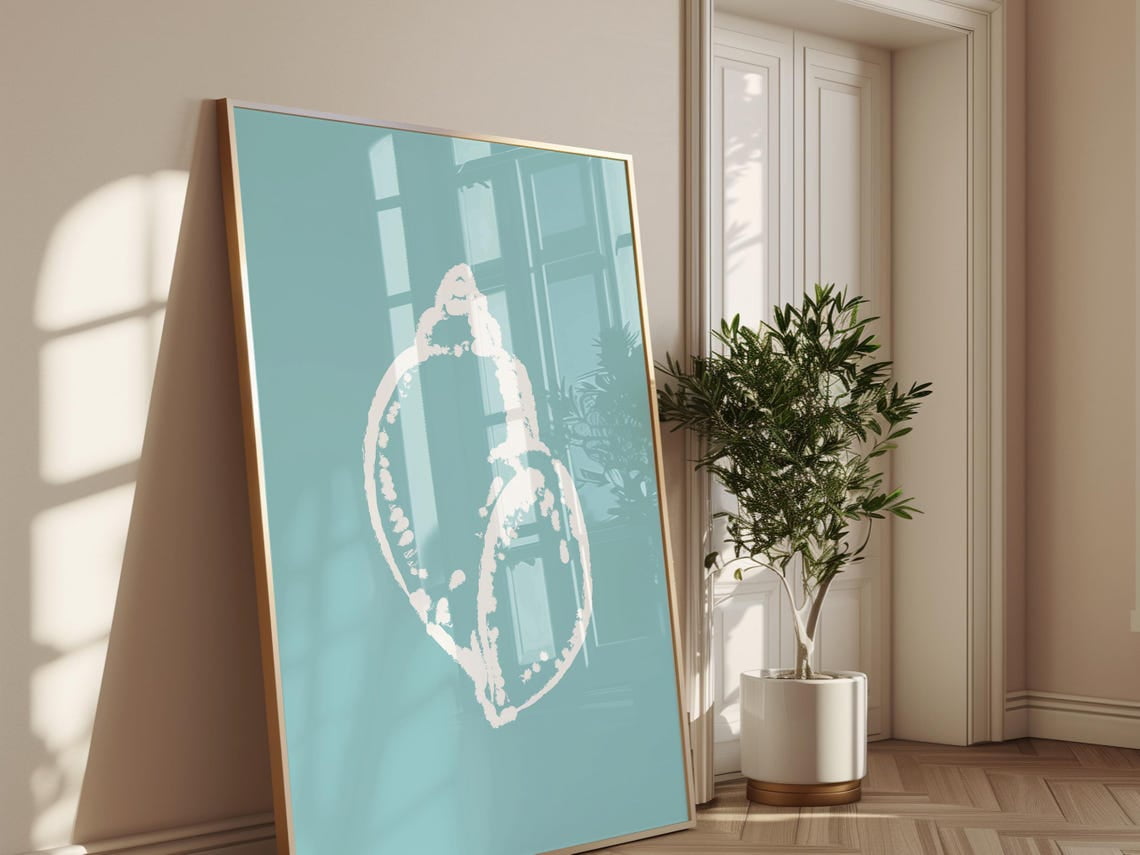 Coastal Seashell Minimalist Wall Art Print - Ocean Inspired Aqua Blue ...