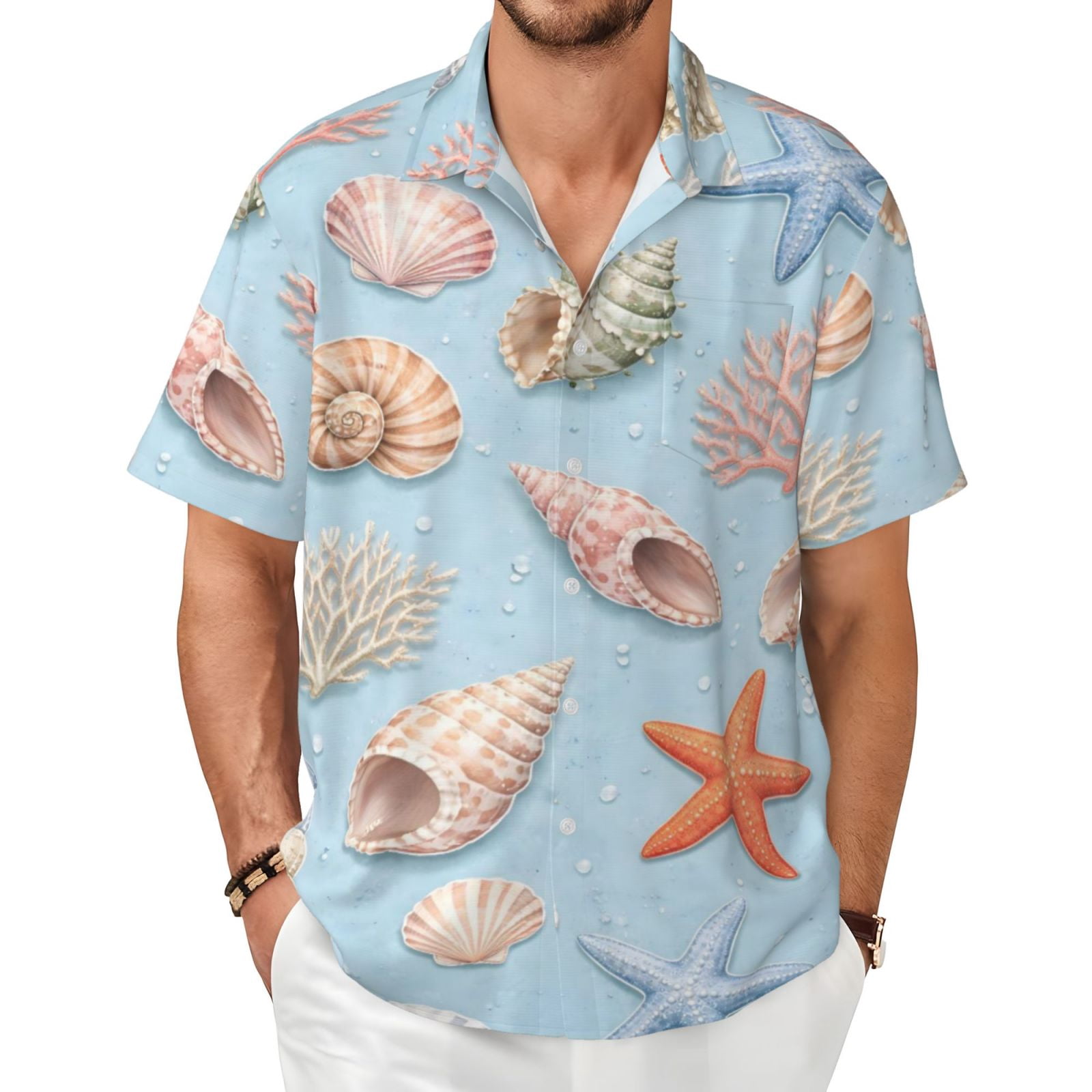 Coastal Seashell Ocean Starfish And Shell Men'S Short-Sleeved Shirts ...
