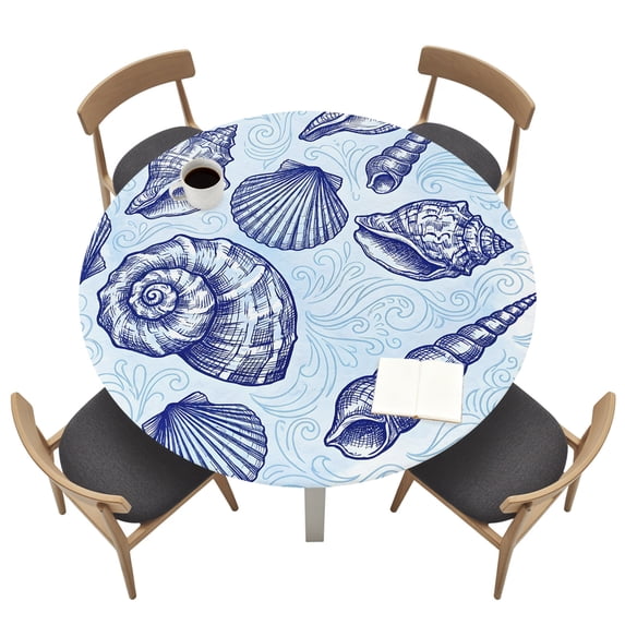 Coastal Seashell Round Fitted Table Cover Dark Blue Conch Ocean Theme ...