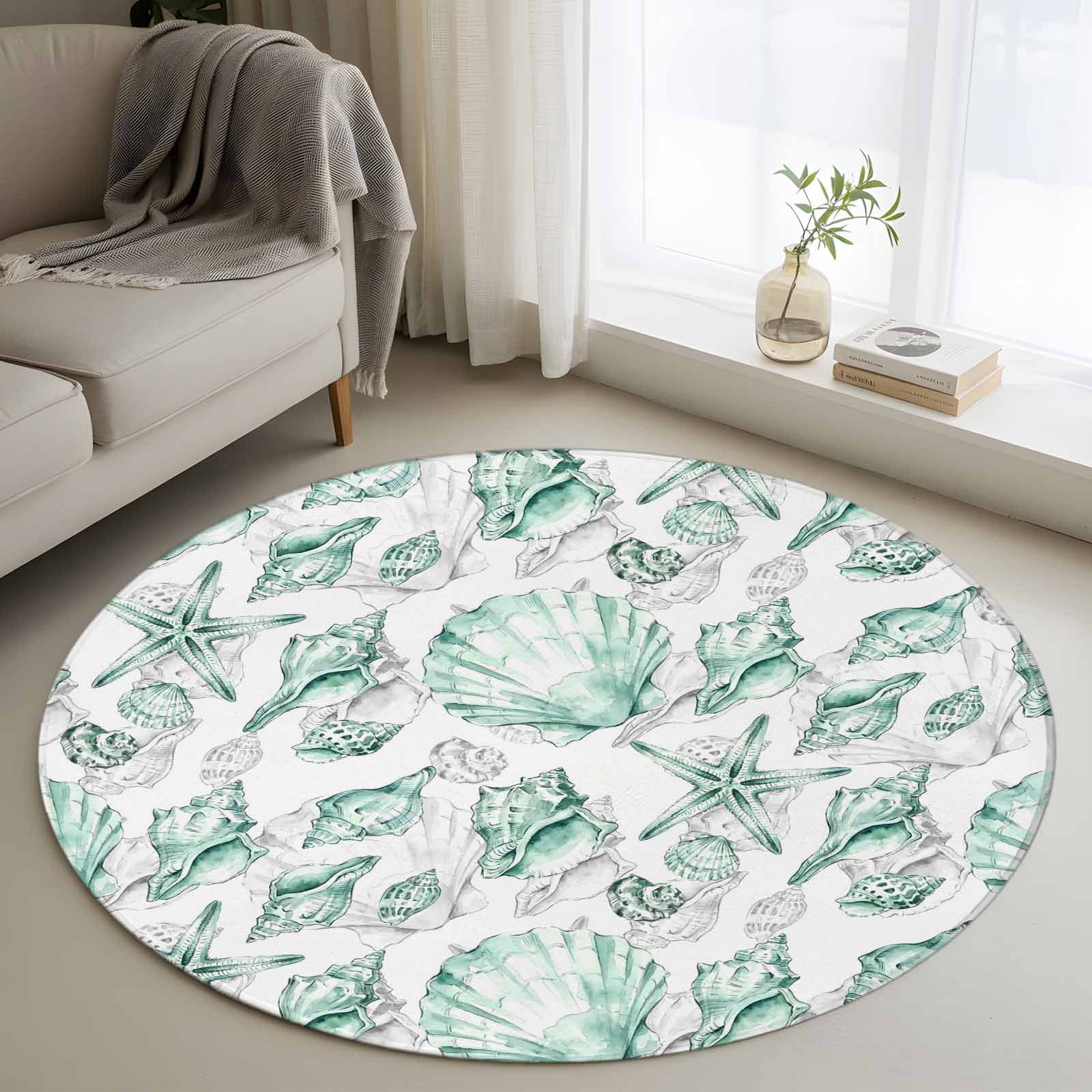Coastal Seashell Round Rugs for Living Room 3ft Summer Nautical Green ...