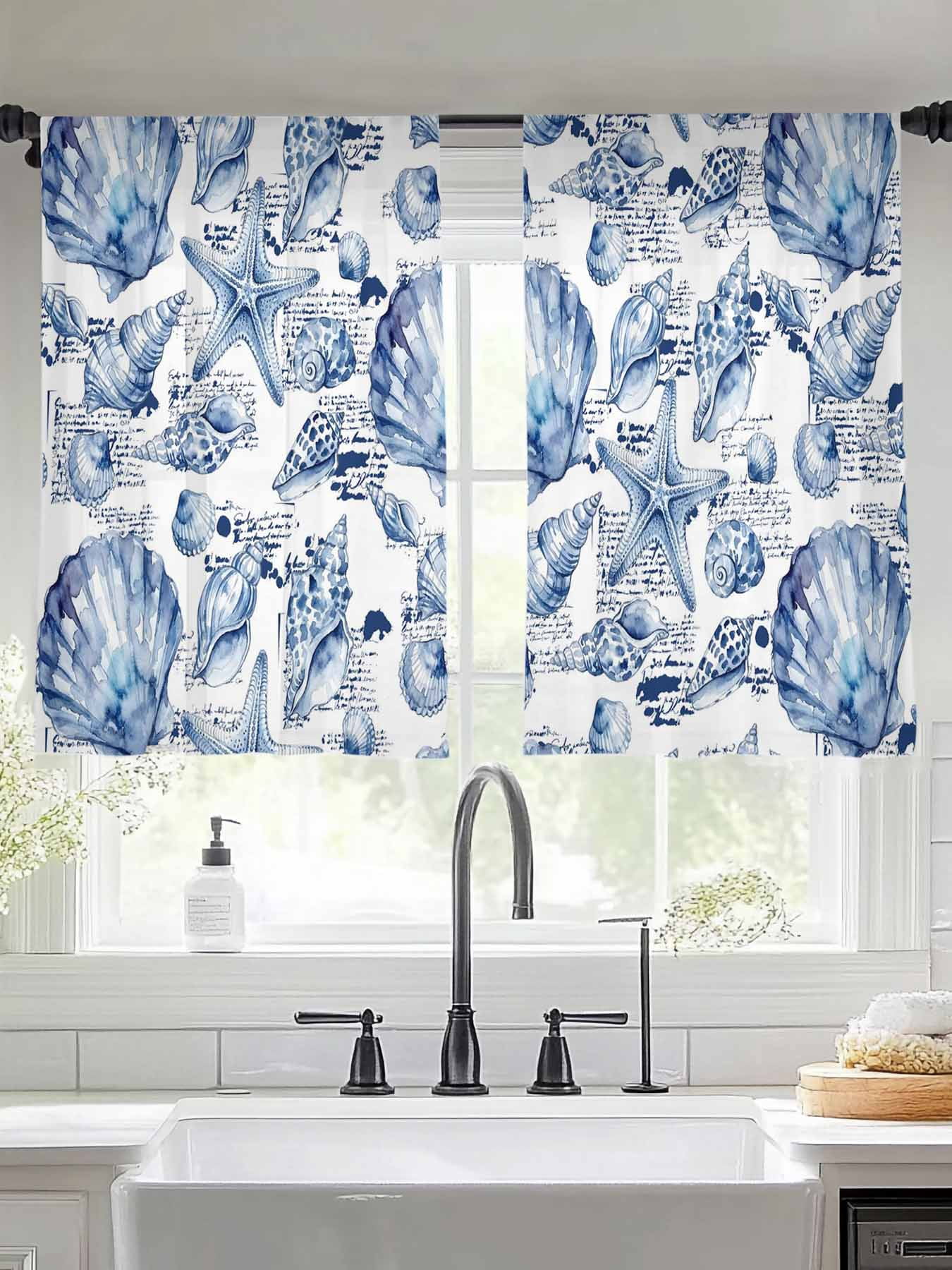 Coastal Seashell Sheer Curtains 54 inches Long, Summer Nautical Blue ...