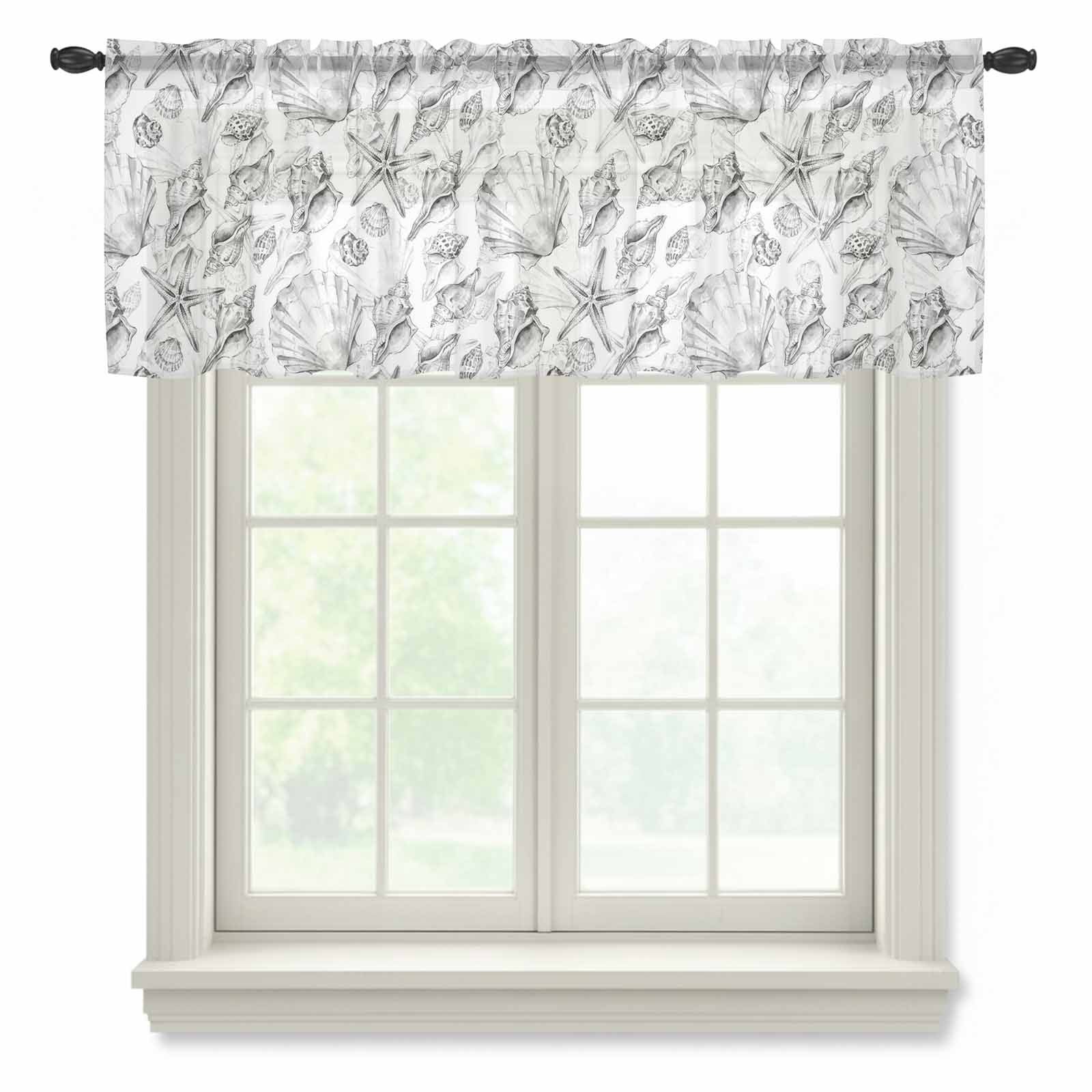 Coastal Seashell Sheer Valances for Windows, Summer Nautical Gray Shell ...