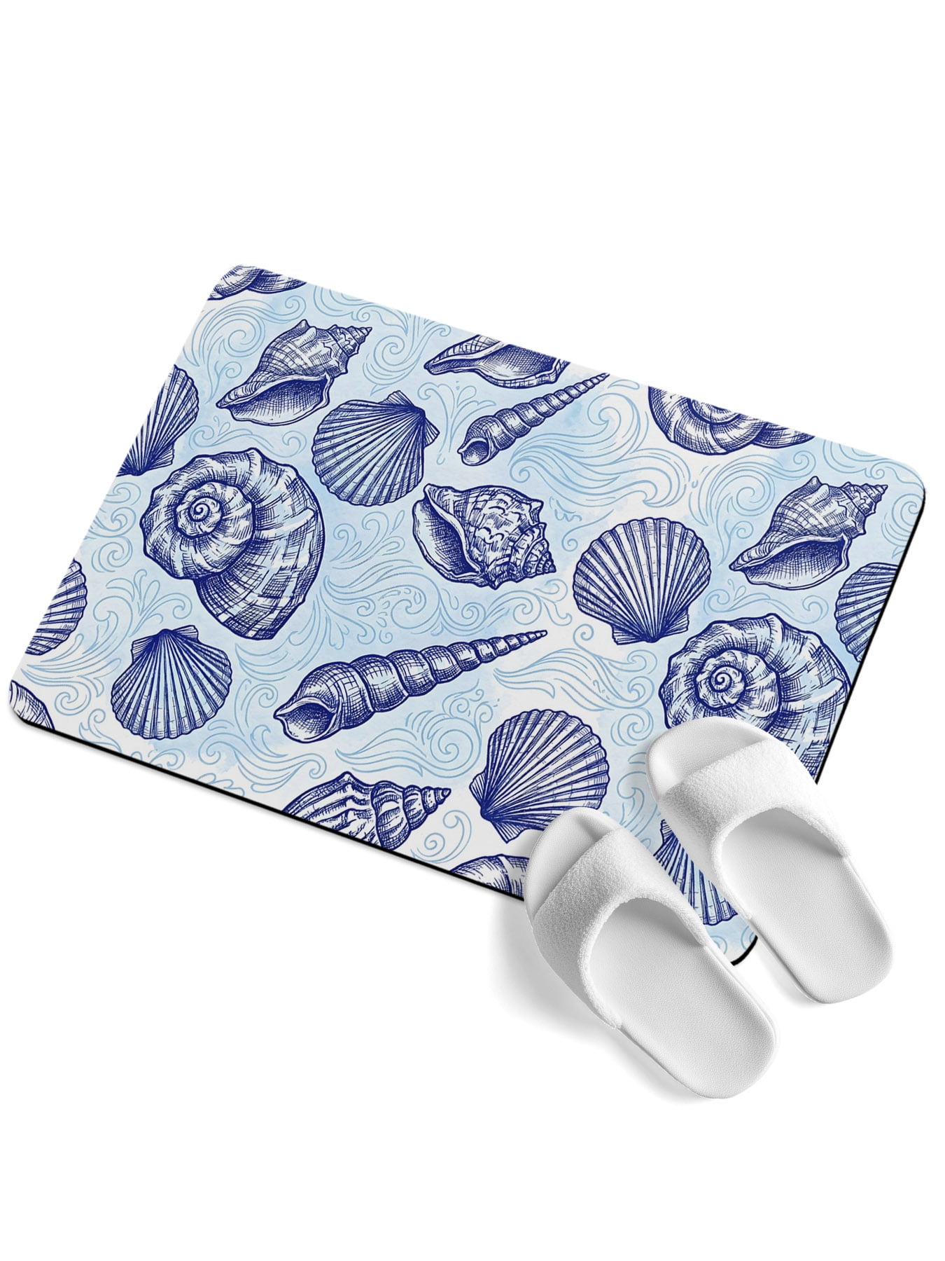Coastal Seashell Soft Diatomaceous Earth Mat, Dark Blue Conch Ocean ...