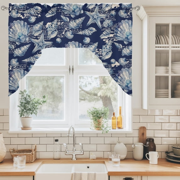 Coastal Seashell Swag Curtain Valance for Windows, Summer Nautical Navy ...