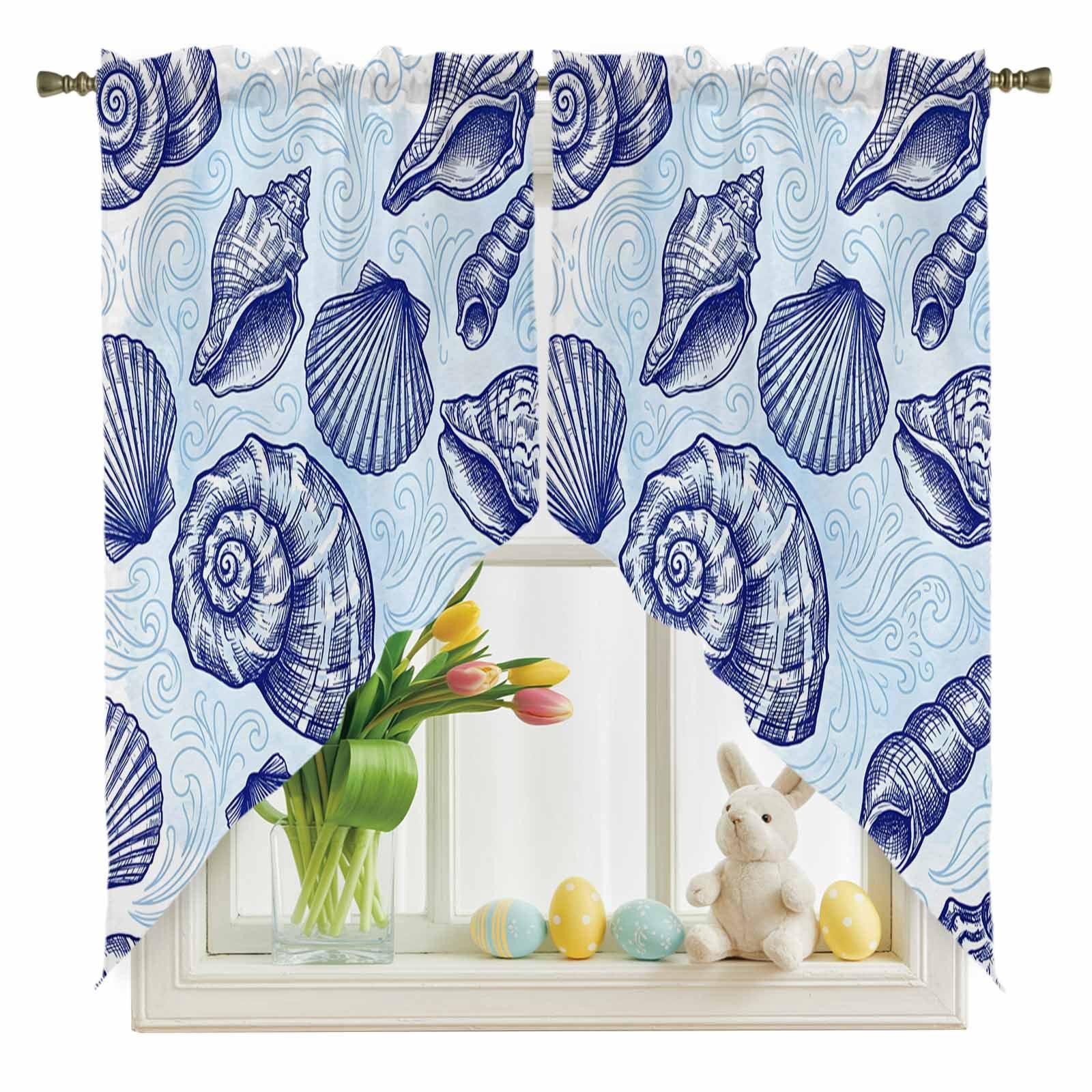 Coastal Seashell Swag Kitchen Curtain Valances, Dark Blue Conch Ocean ...