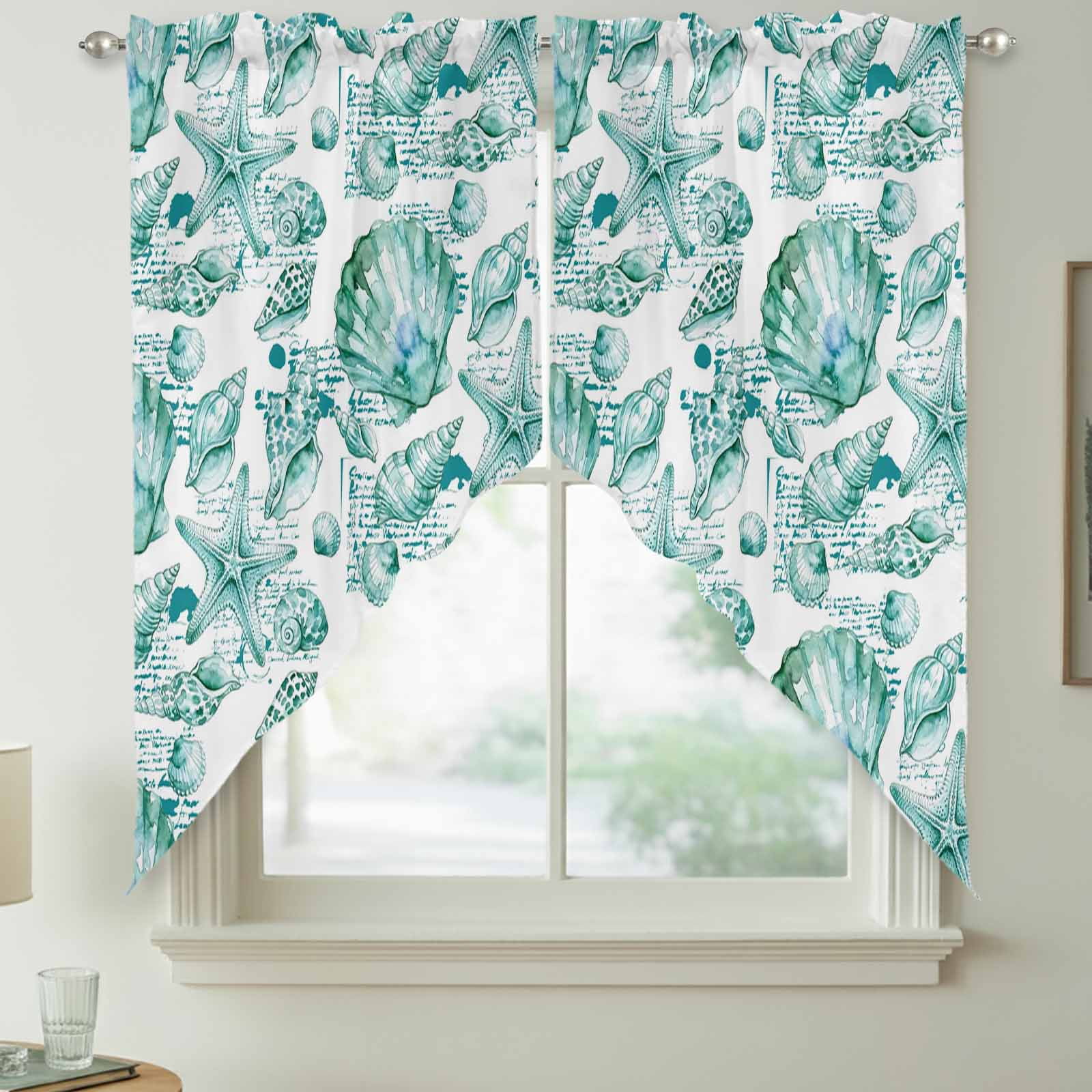 Coastal Seashell Swag Kitchen Curtain Valances, Summer Nautical Green ...