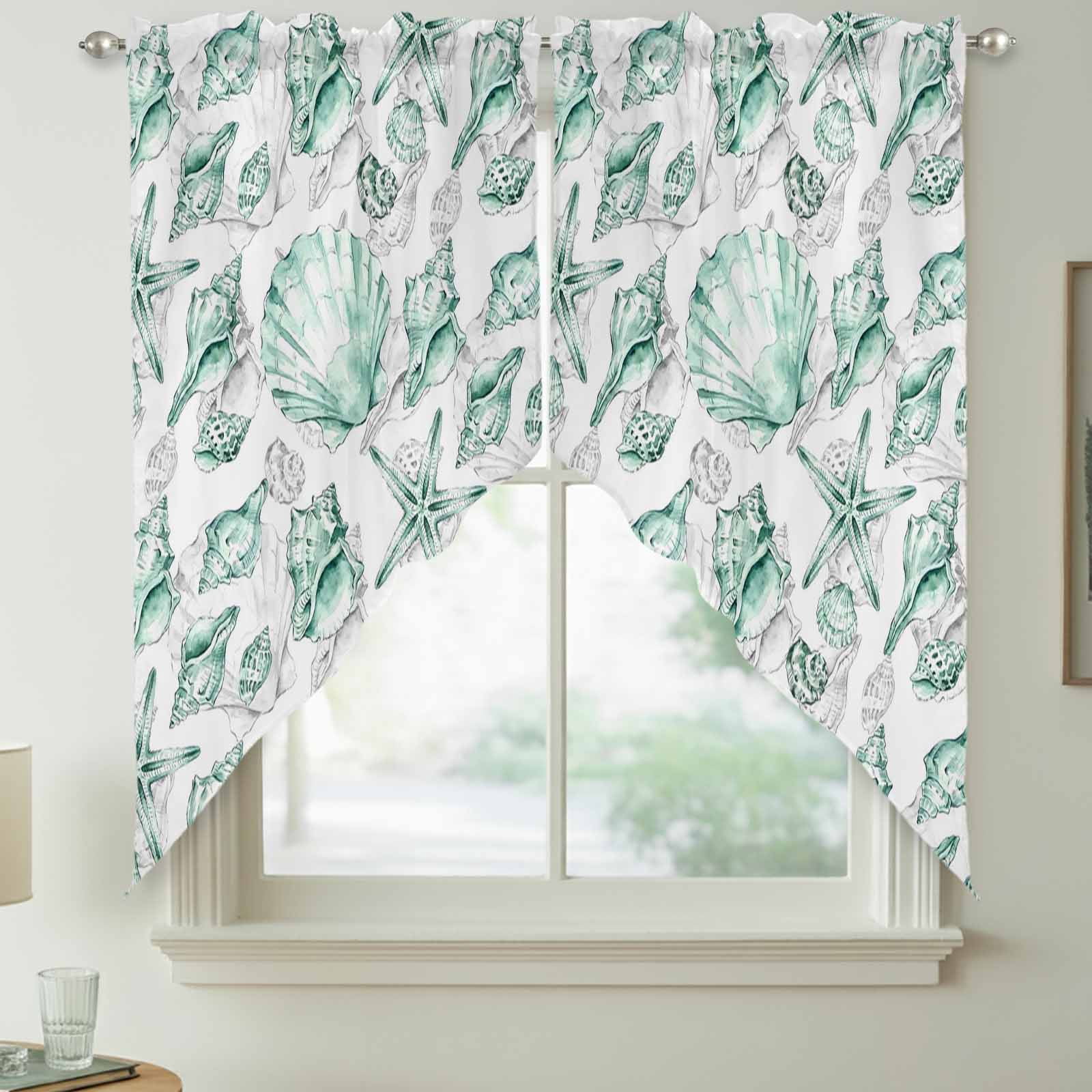 Coastal Seashell Swag Kitchen Curtain Valances, Summer Nautical Green ...