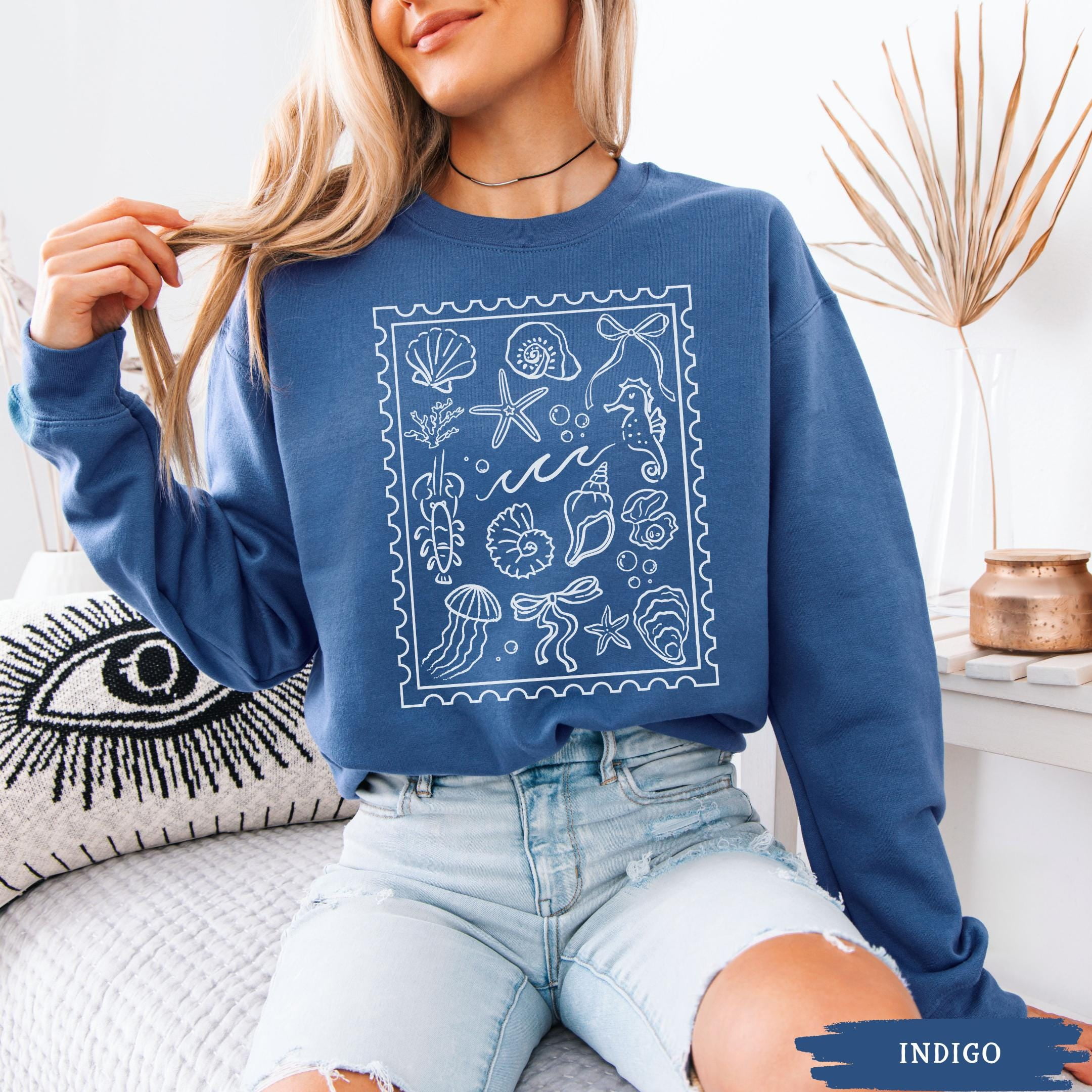 Coastal Seashell Sweatshirt, Coquette Summer Shell Bow Crewneck, Blue ...