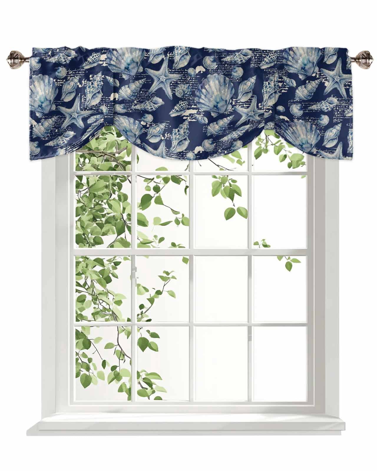 Coastal Seashell Tie Up Valances Curtain, Summer Nautical Navy Blue ...