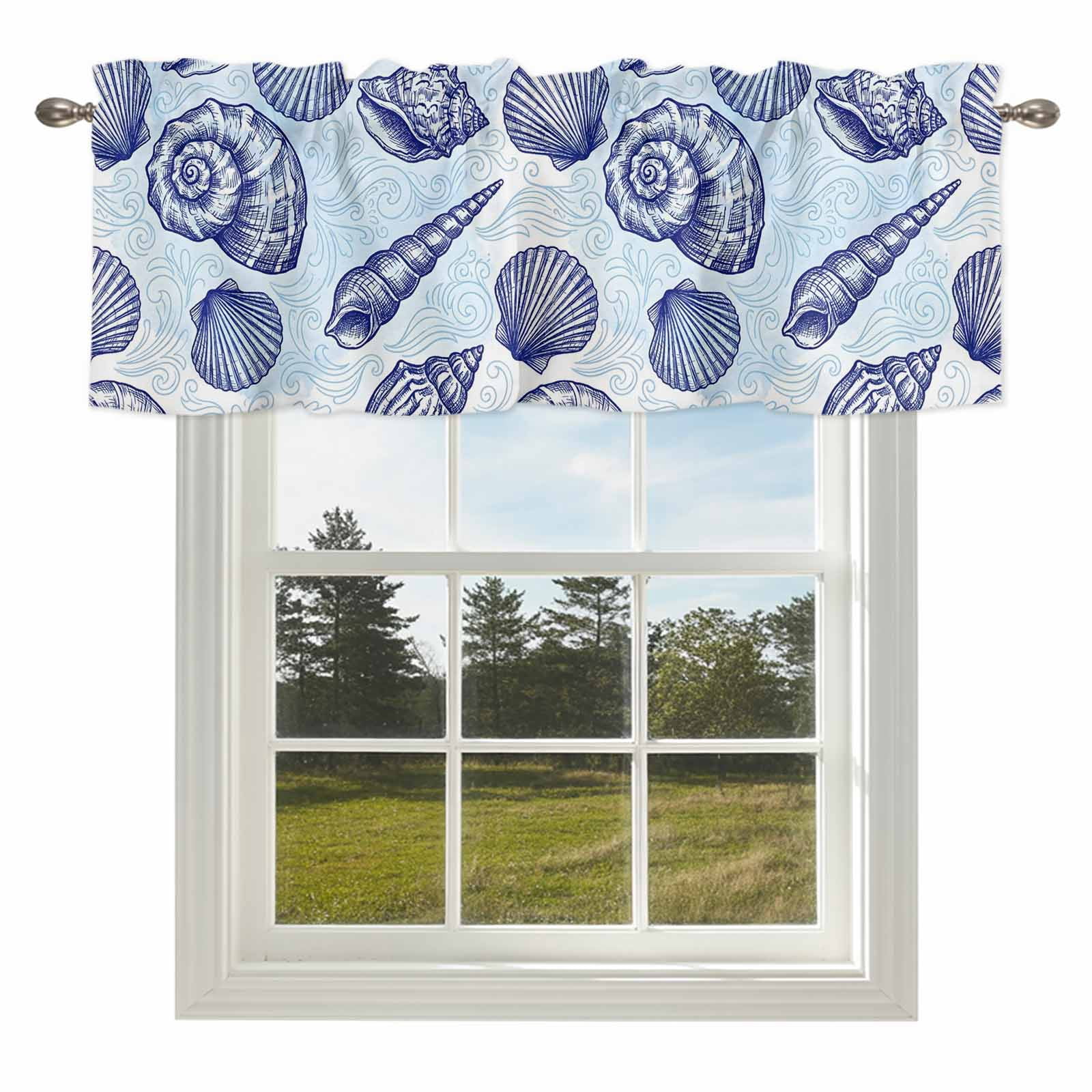 Coastal Seashell Valances for Windows, 42x18in, Dark Blue Conch Ocean ...