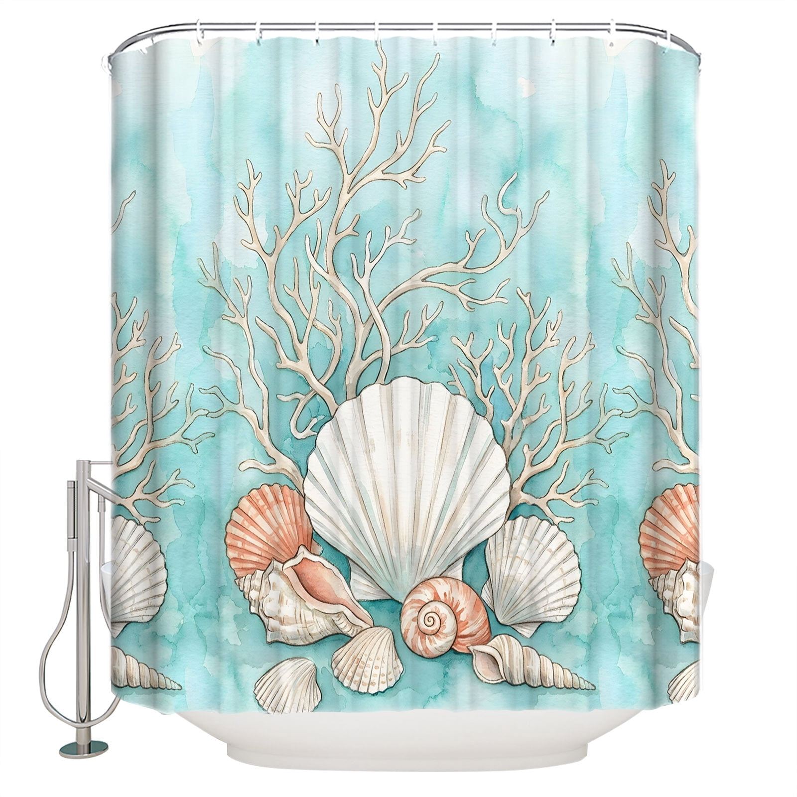 Coastal Seashells Bathroom Shower Curtains with 12 Hooks Waterproof ...
