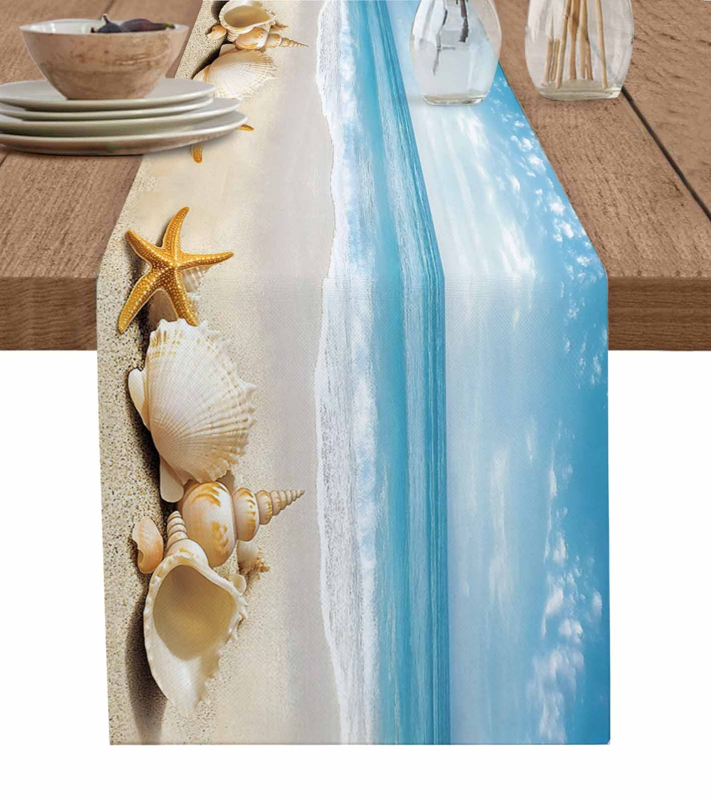 Coastal Seashells Burlap Cotton Table Runner 13x120 Inches Long, Beach ...