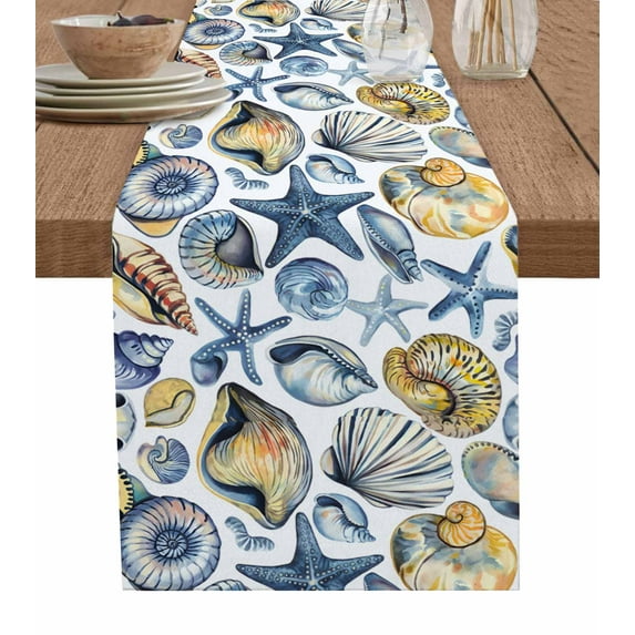 Coastal Seashells Burlap Cotton Table Runner 13x120 Inches Long, Ocean ...