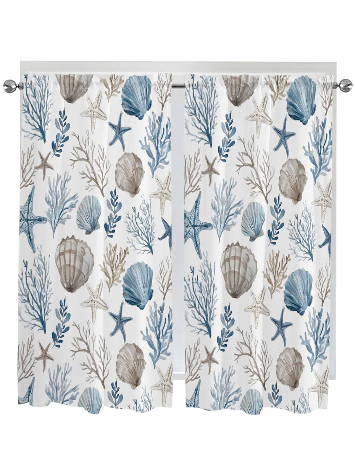 Coastal Seashells Kitchen Curtains 63 Inch Length, Nautical Beach Ocean ...