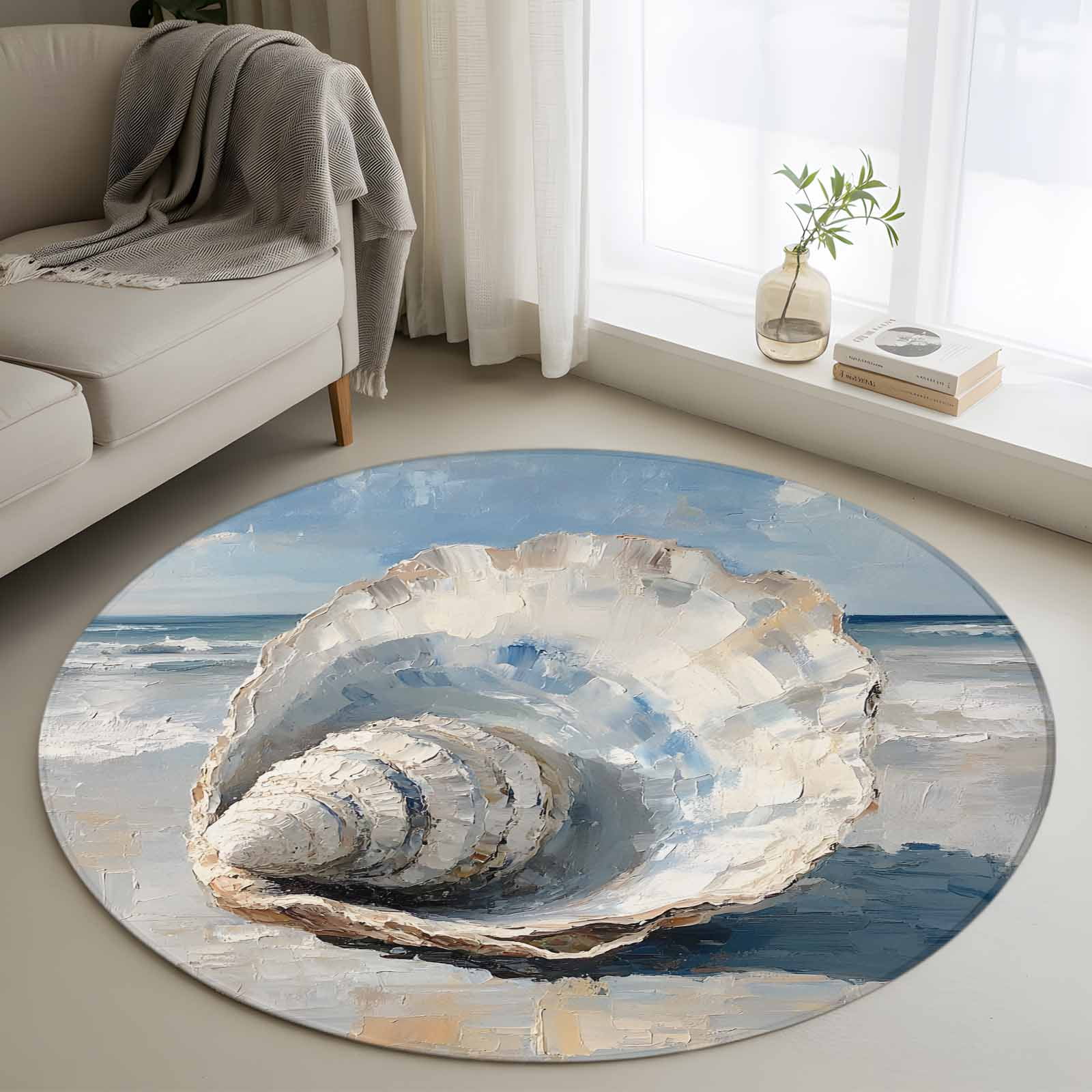Coastal Seashells Round Rug 3.3ft Washable Circle Entryway Rugs Non ...