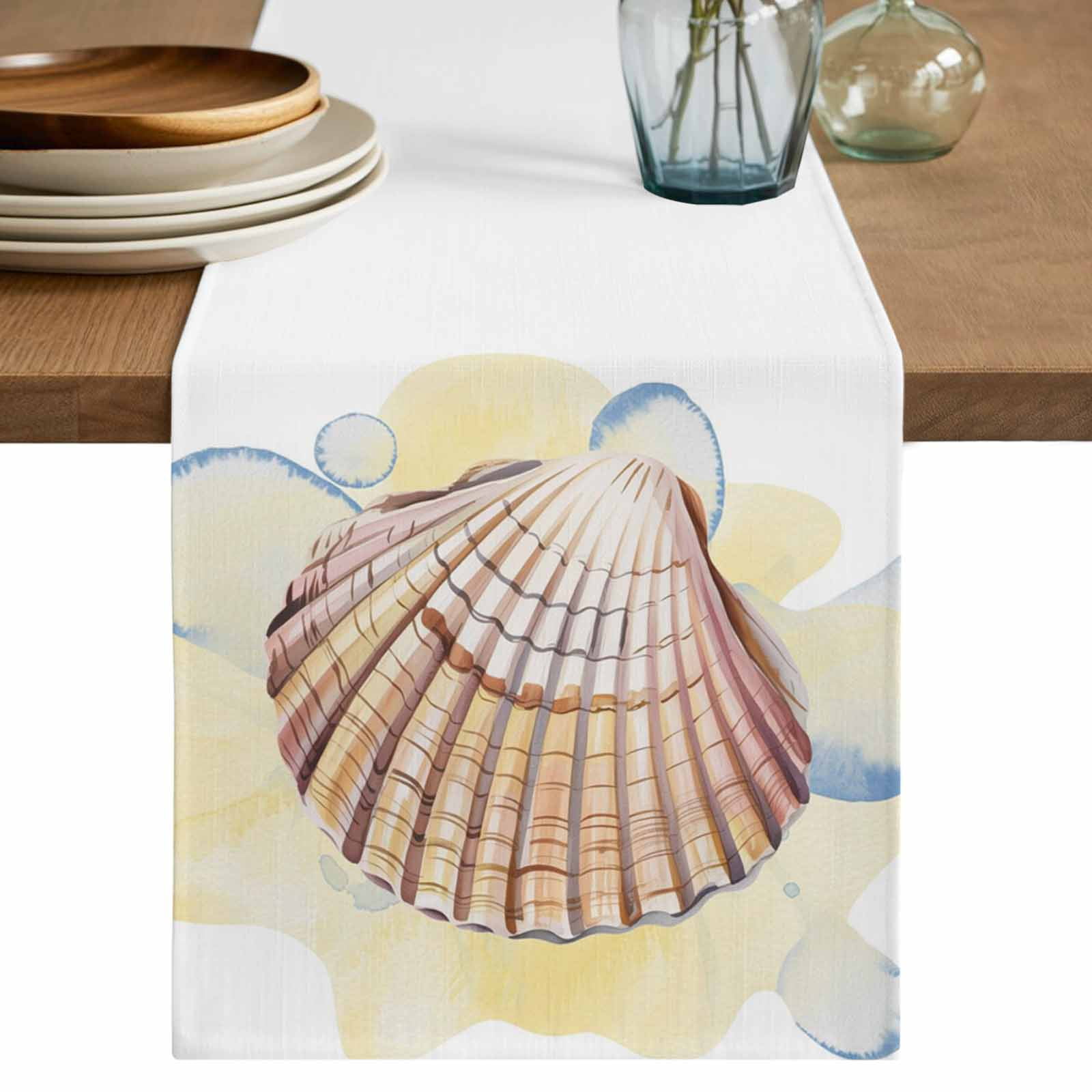 Coastal Seashells Table Runner 120 Inches, Ocean Beach Nautical Marine ...