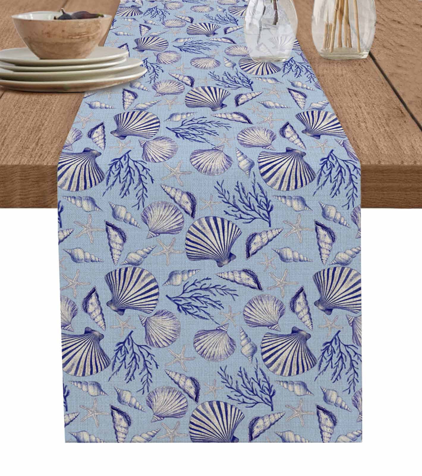 Coastal Seashells Table Runner 72 Inches, Summer Nautical Coral Vintage ...