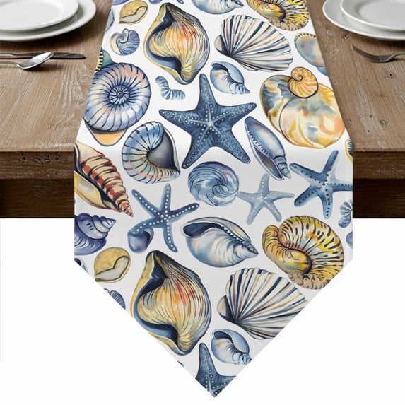 Coastal Seashells Table Runner Linen Burlap Table Runner 70 Inches Long ...
