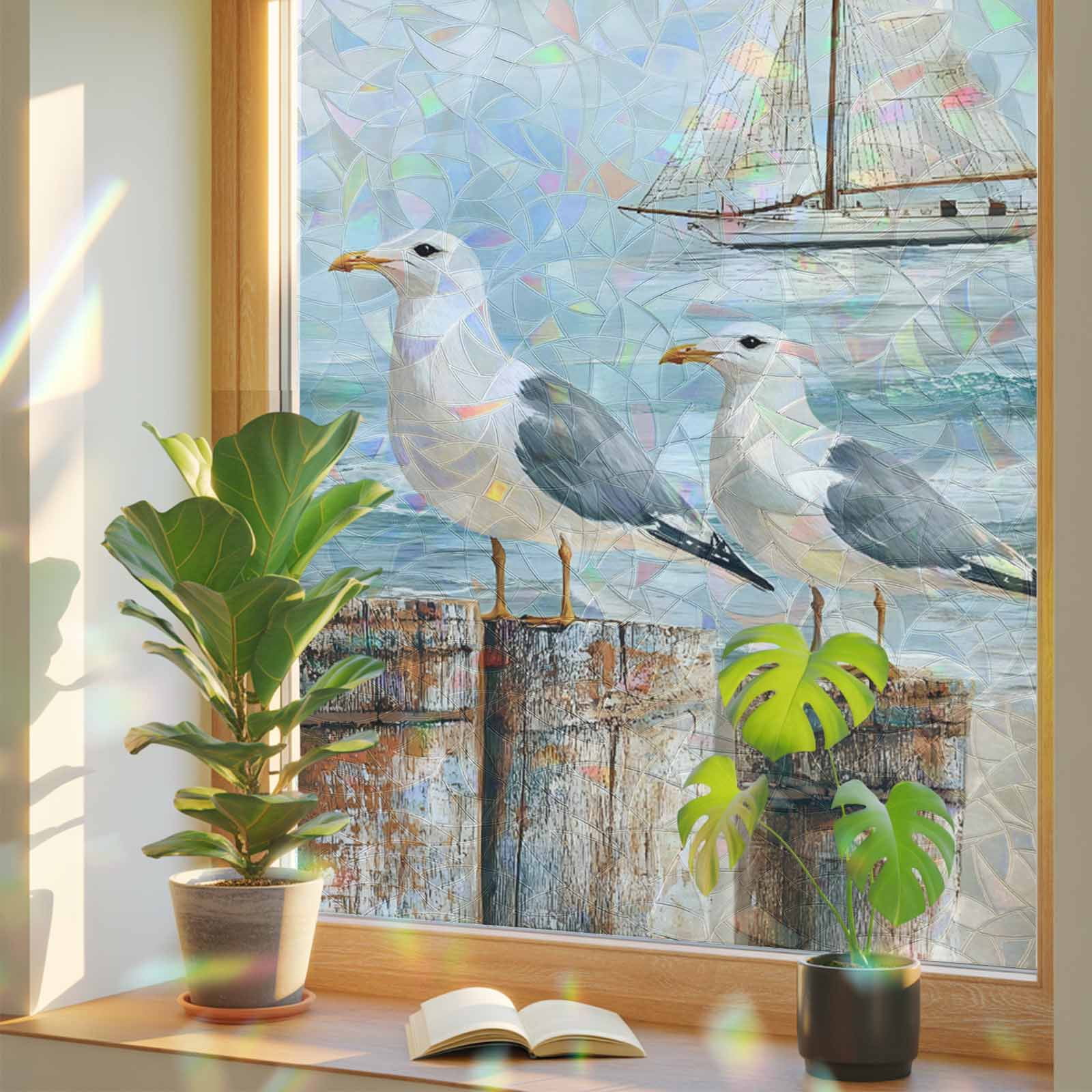 Coastal Seaside Seagull Retro Sailboat Window Privacy Film, Rainbow ...