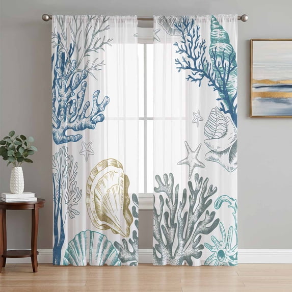 Coastal Semi Sheer Window Curtains 72 Inches Long, Ocean Coral Shell ...