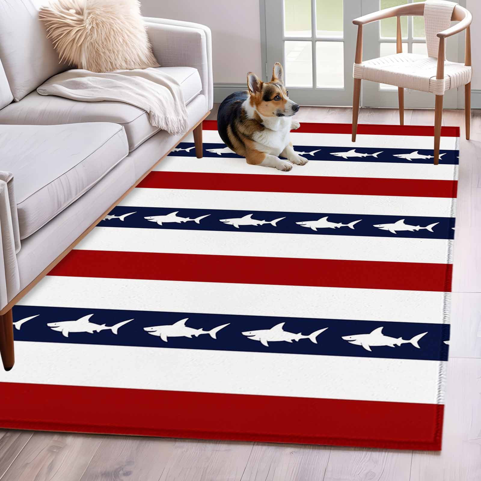 Coastal Shark Area Rug 4x6 Washable Rug Non Slip Ocean Red Navy Blue ...