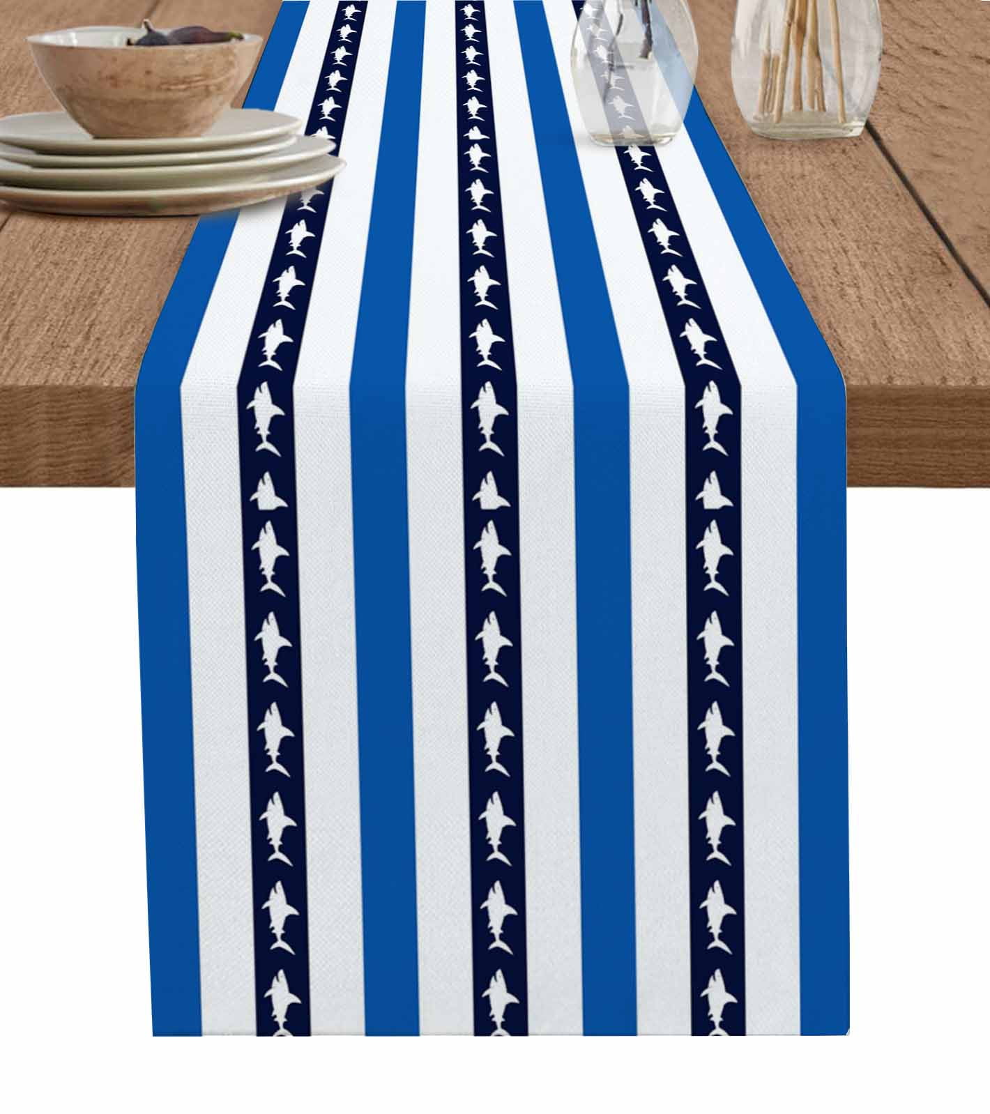 Coastal Shark Table Runner 72 Inches, Ocean Navy Blue White Stripe ...