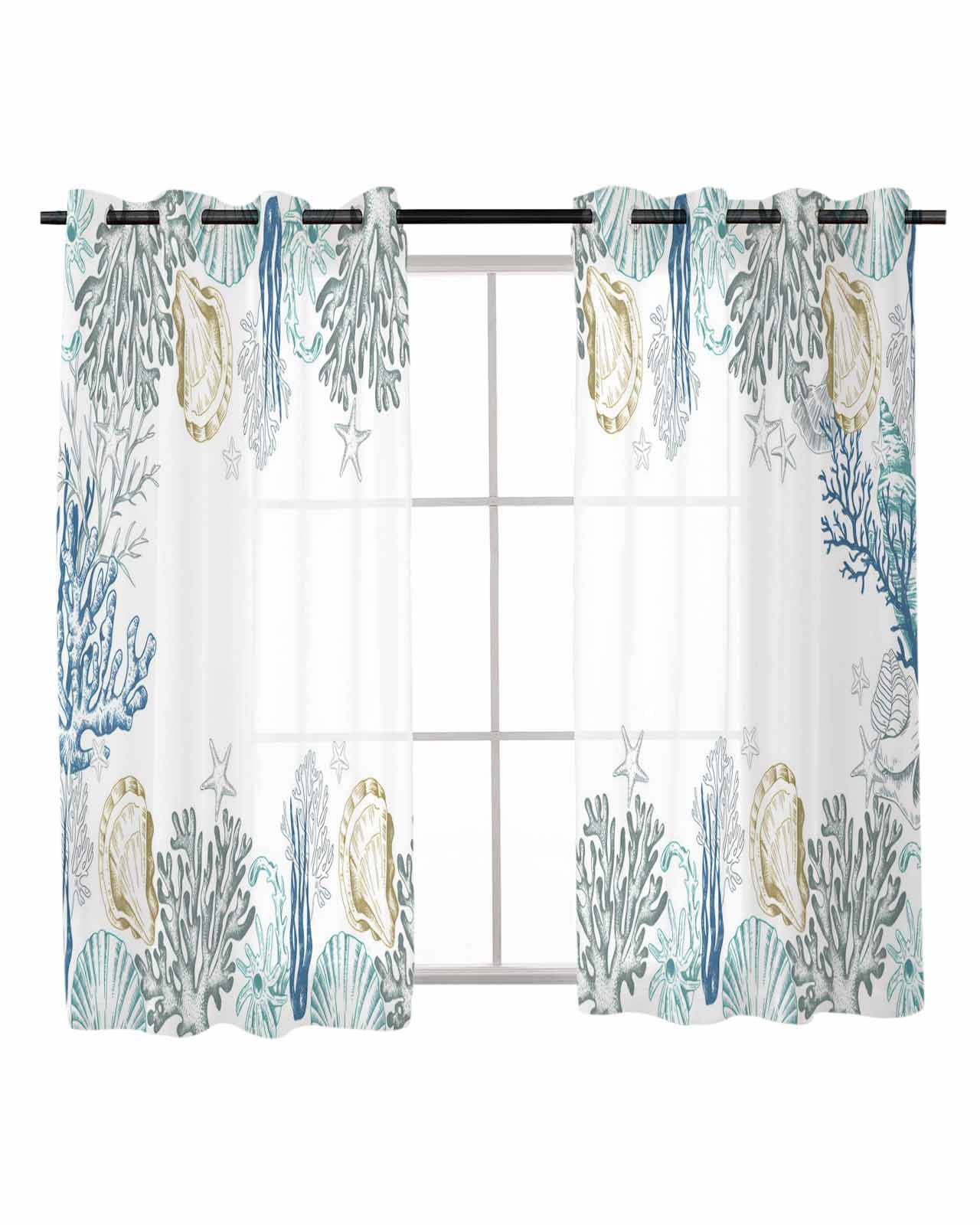 Coastal Sheer Curtains 54 Inch Length 2 Panels Ocean Coral Shell ...