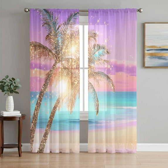 Coastal Sheer Curtains 63 Inch Length 2 Panels Set, Ocean Palm Tree ...
