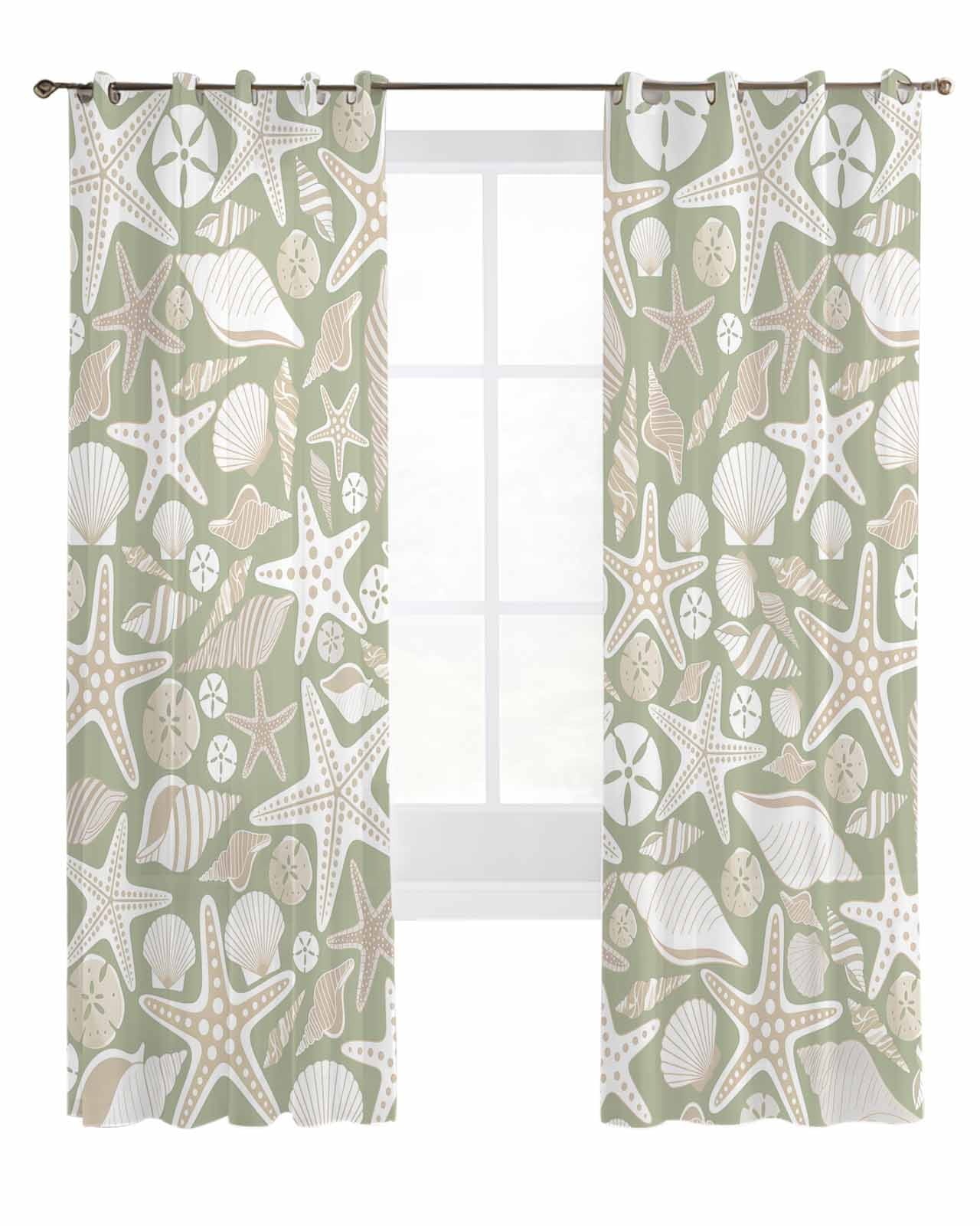 Coastal Sheer Curtains 84 Inch Length 2 Panels Sage Green Starfish ...
