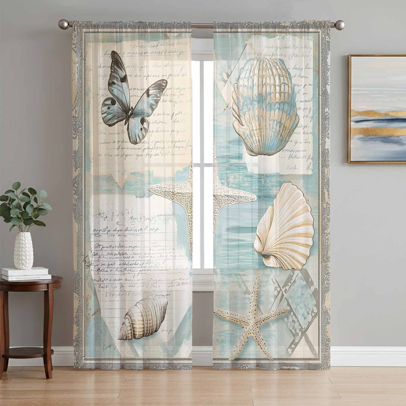 Coastal Sheer Curtains 96 Inch Length 2 Panels Set, Butterfly Summer ...