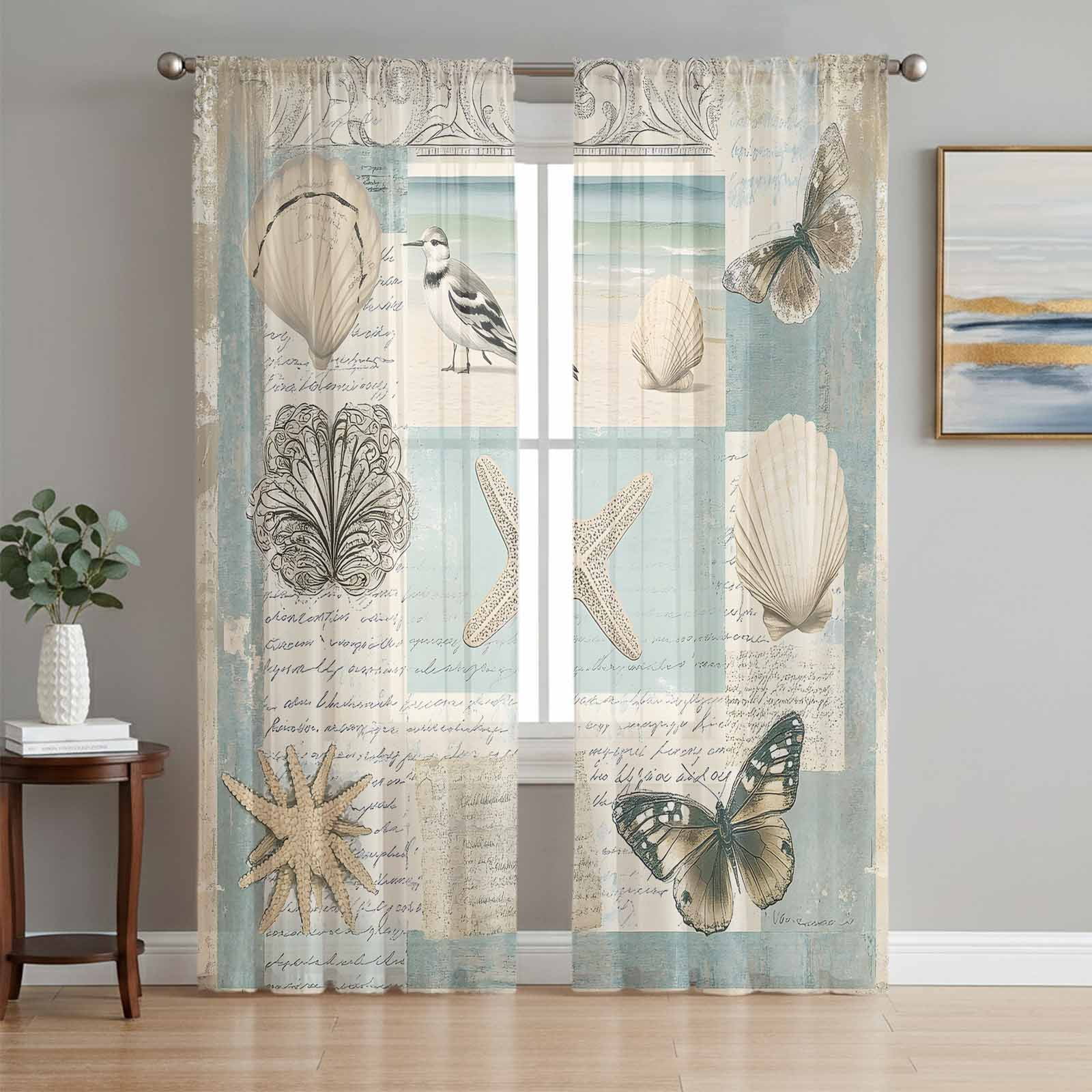 Coastal Sheer Curtains 96 Inch Length 2 Panels Set, Summer Beach ...