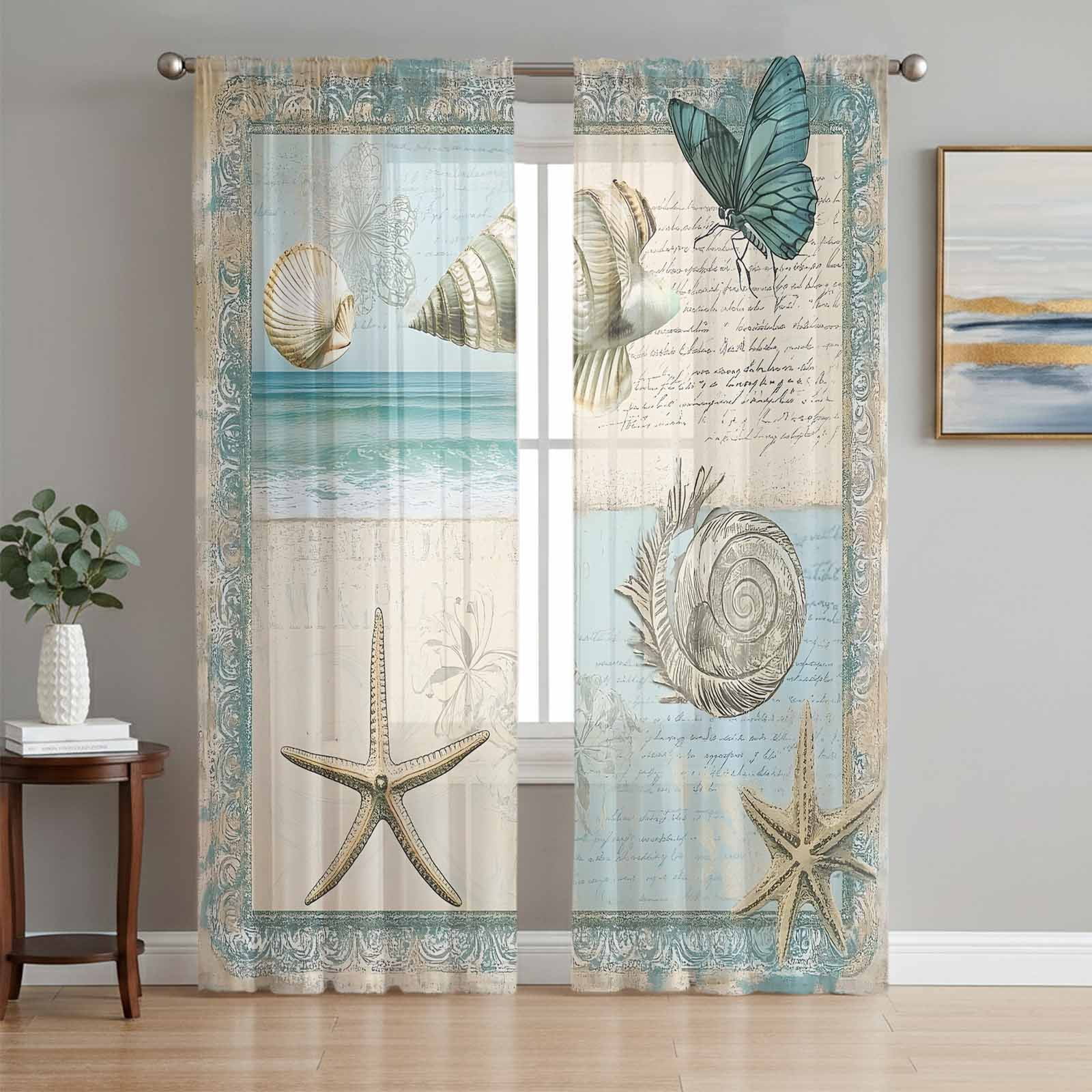 Coastal Sheer Curtains 96 Inch Length 2 Panels Set, Summer Beach ...