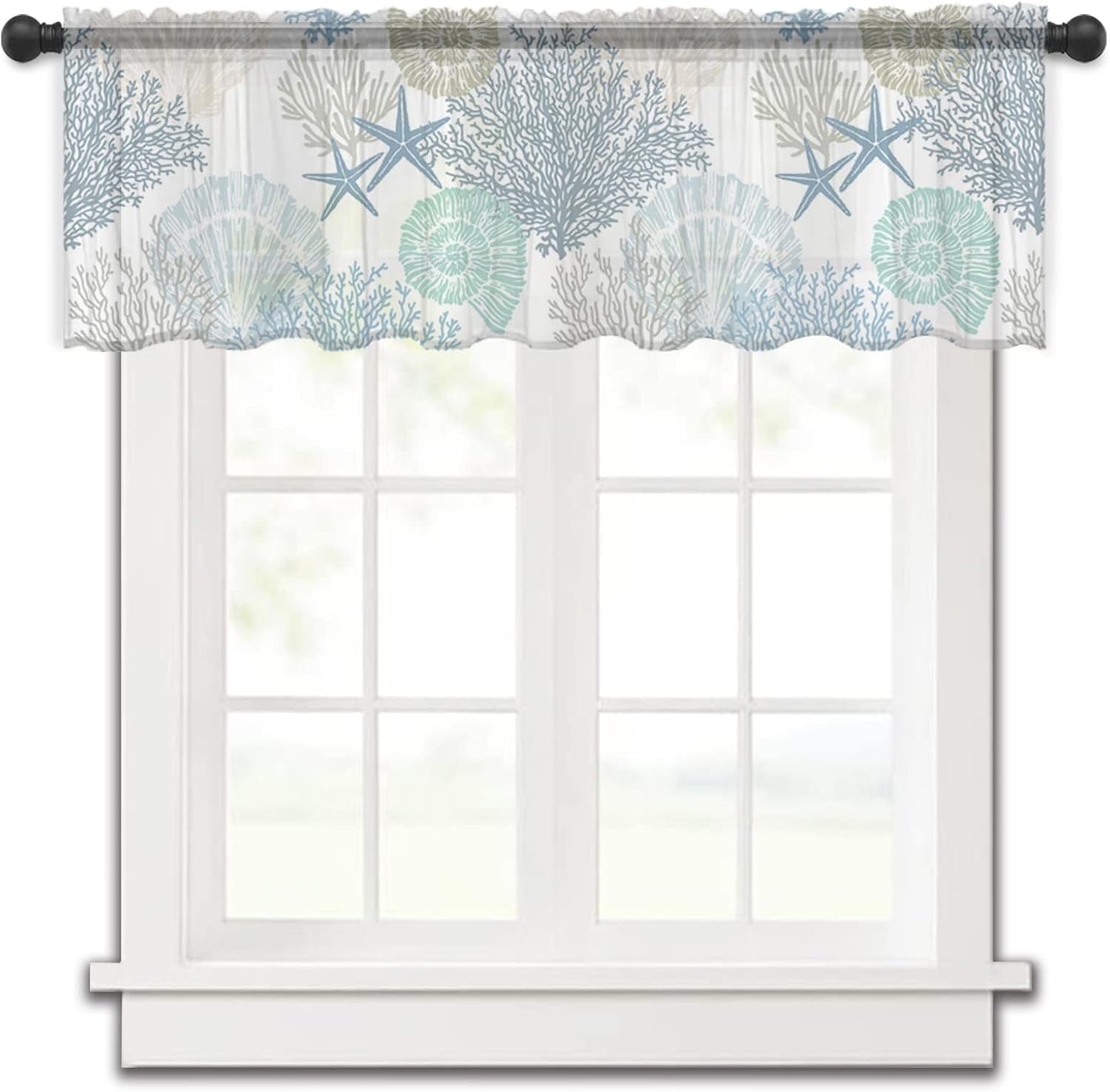 Coastal Sheer Valance, Summer Beach Blue Teal Coral Light Filtering ...